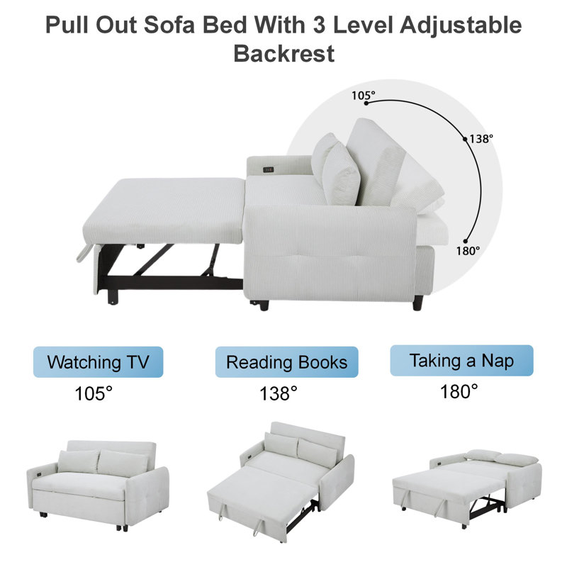 Latitude Run® Isel 57'' Sofa Bed Sleeper Loveseat with USB Port and Two ...
