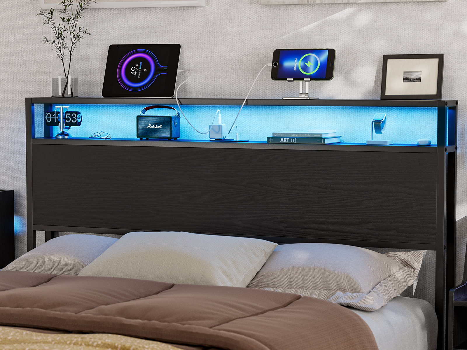 Ivy Bronx Kaiwei Storage Headboard With Led Lights & Charging Station ...