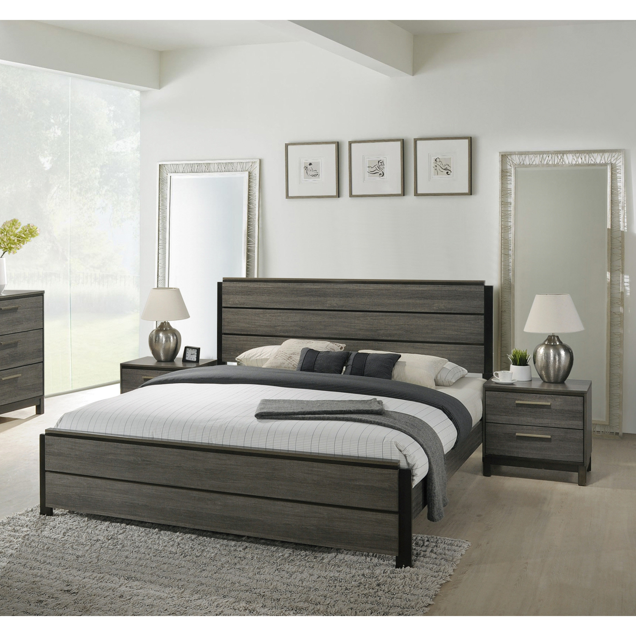 Gracie Oaks Ioana Antique Grey Finish 3-Piece Wood Bed Room Set, Bed ...