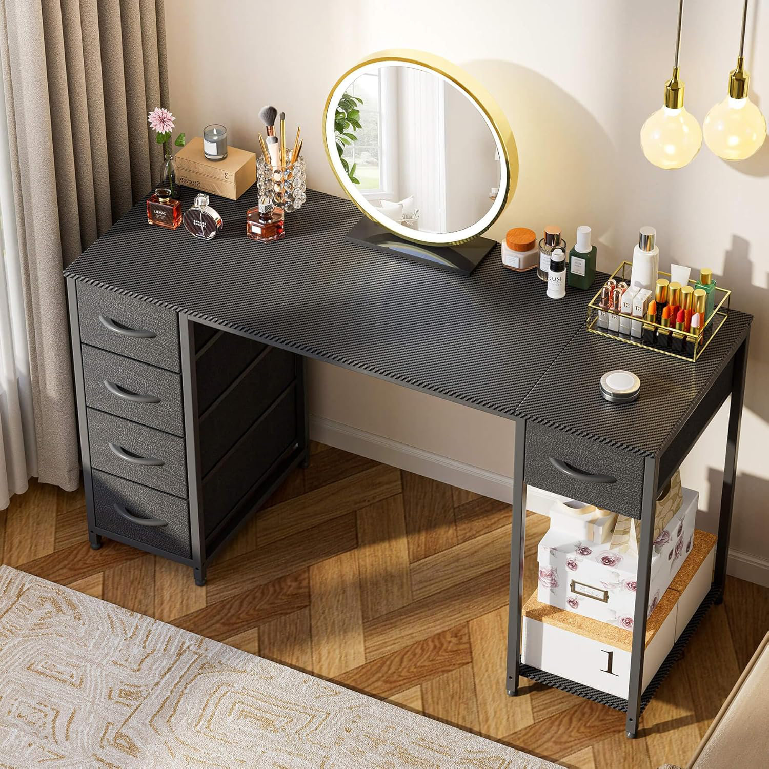 Ebern Designs Vanity Desk With 5 Fabric Drawers & Storage Shelves ...