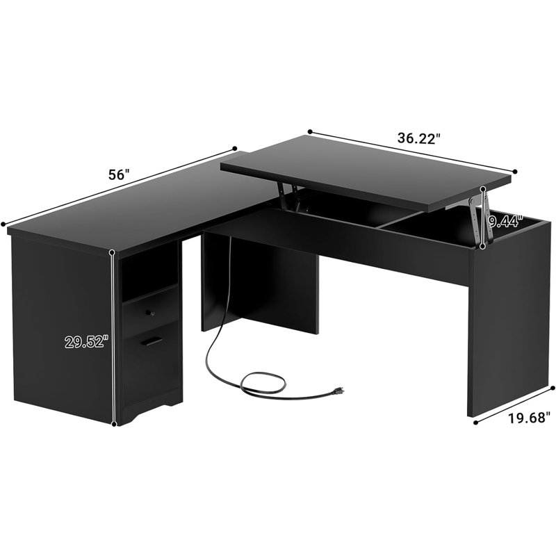 Ebern Designs Swapan 56'' Lift Top L-Shaped Desk with Drawers and Power ...