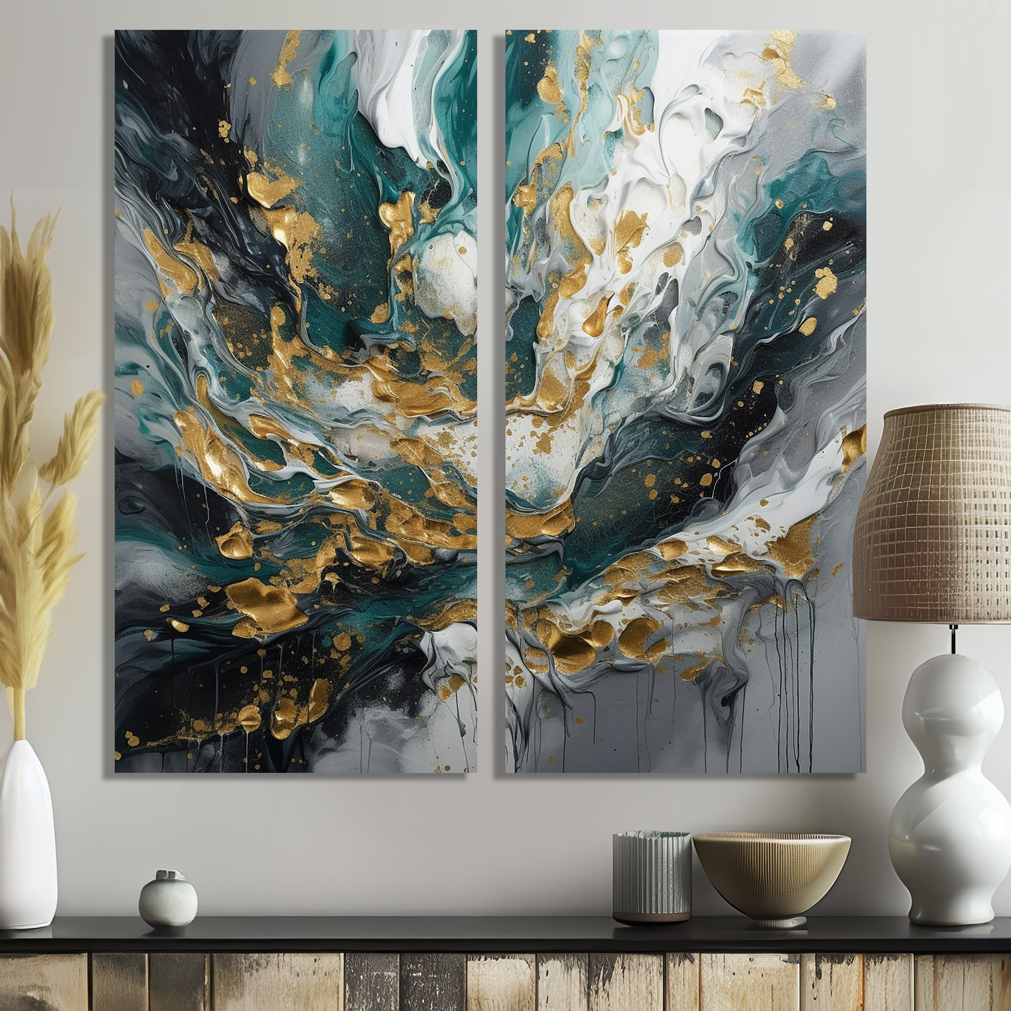 Ivy Bronx Gold Teal Ink On Stone - Abstract Art Prints On Canvas | Wayfair