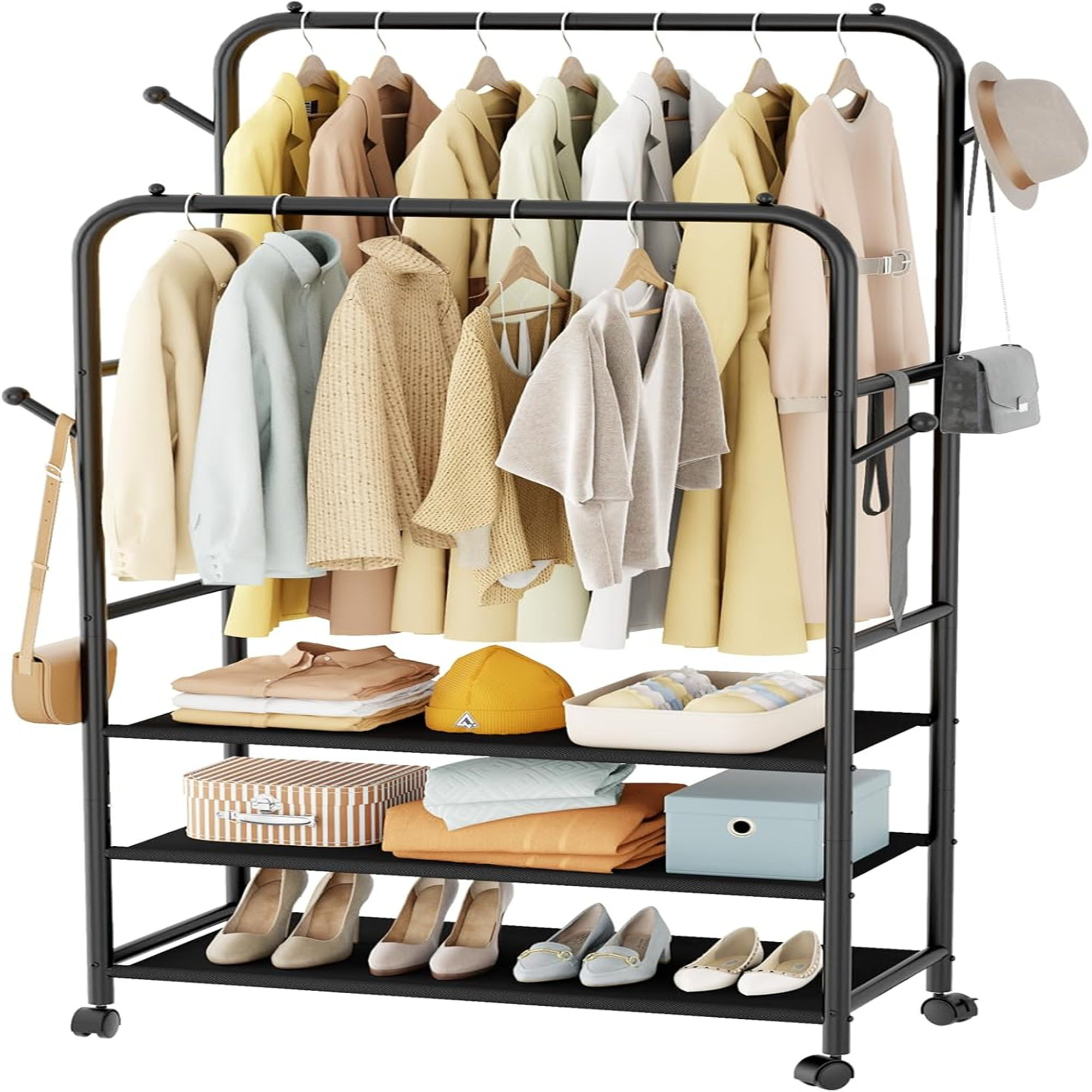 Latitude Run® Double Rod Hanging Rack with 4 Hooks on Rollers and 3 ...