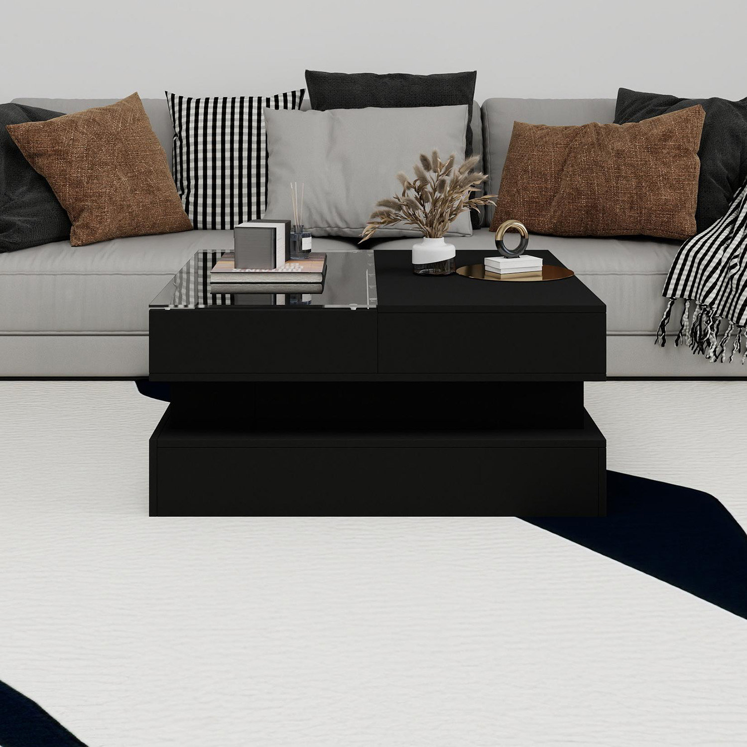 Ivy Bronx Modern Square Lift Coffee Table With 2 Drawers, Glass Table ...