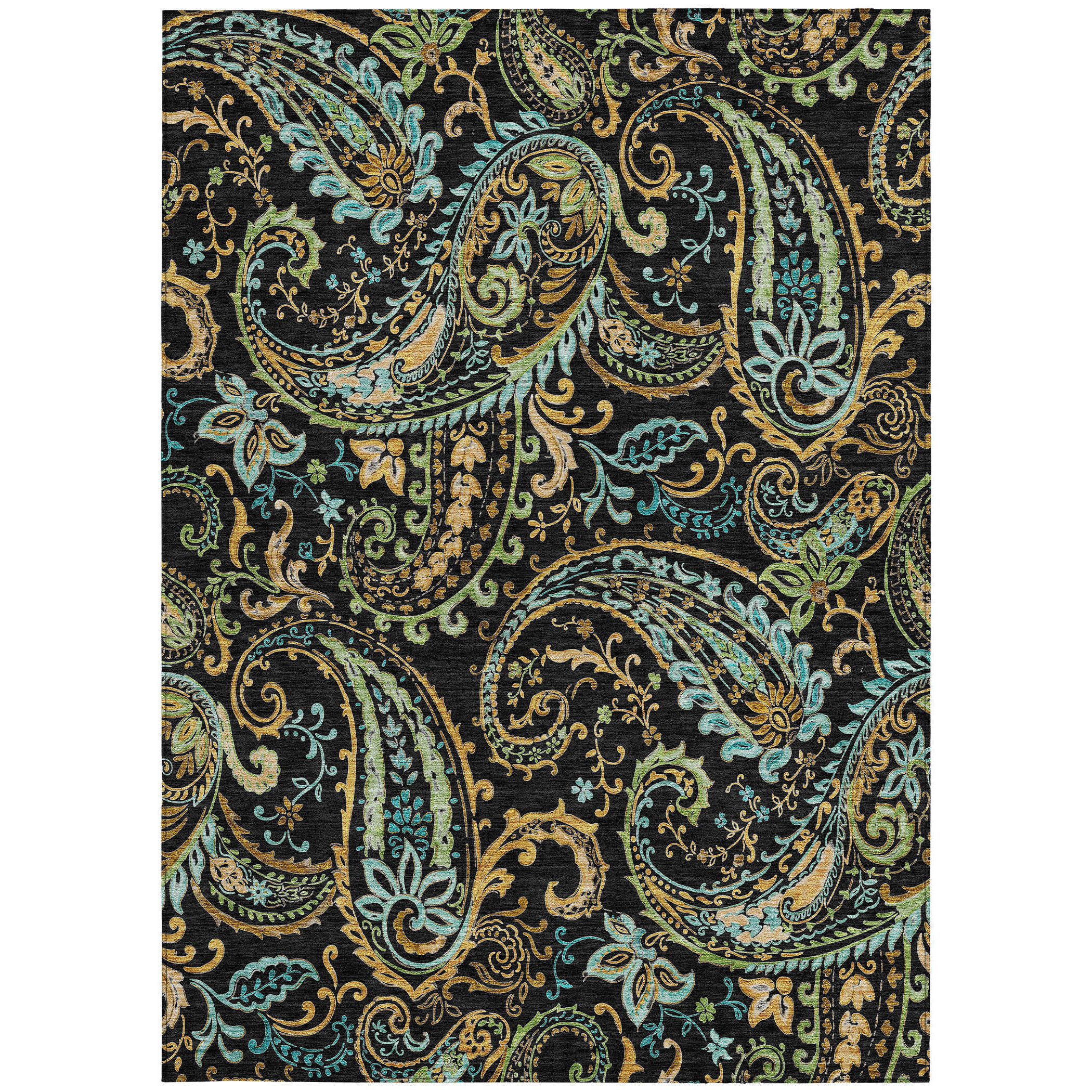 HomeRoots 9' X 12' Black and Gold Paisley Washable Non Skid Indoor ...