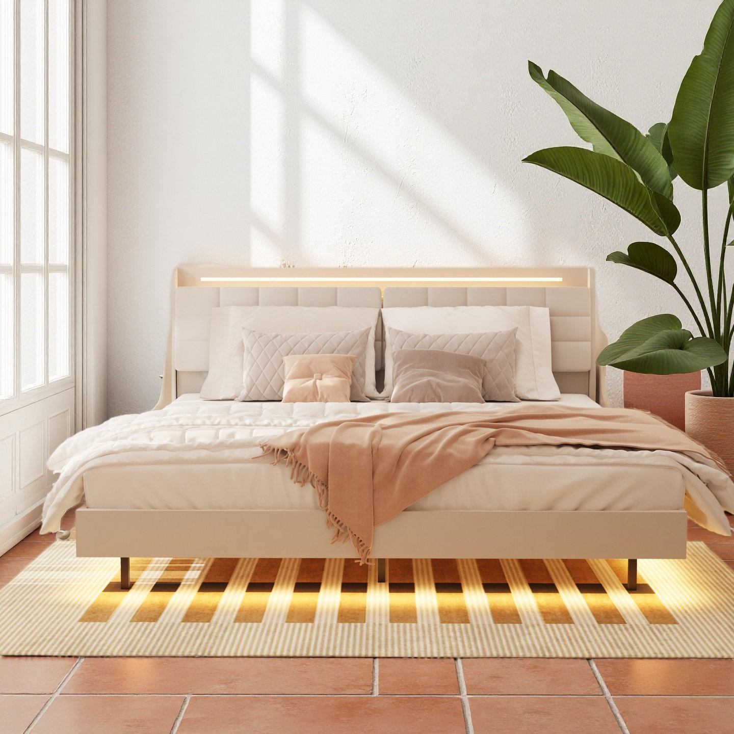 Ivy Bronx Modern Floating Platform Bed with LED Lights, Storage ...