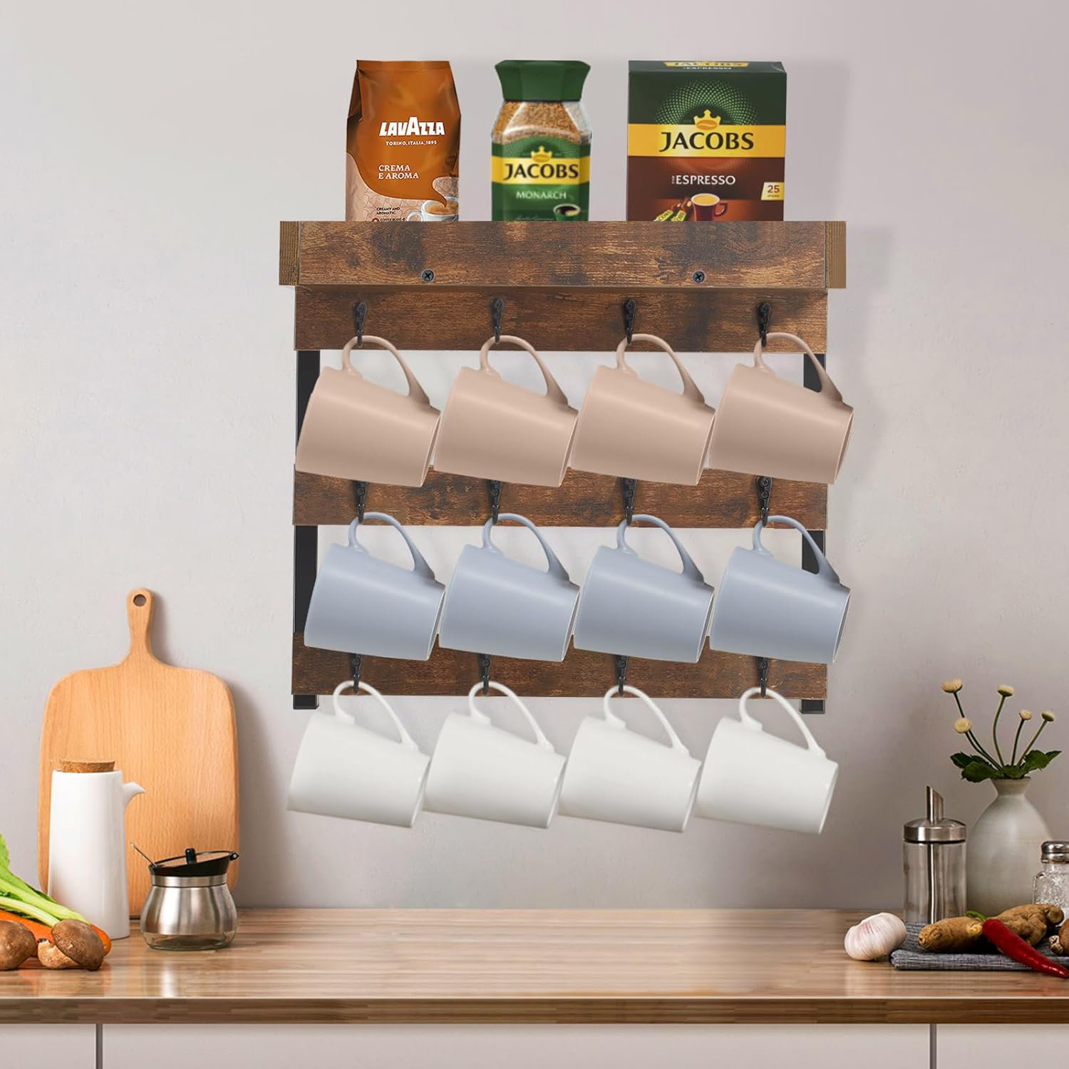 17 Stories Mug Holder, Wall Mounted Coffee Cup Holder, Rustic Coffee ...