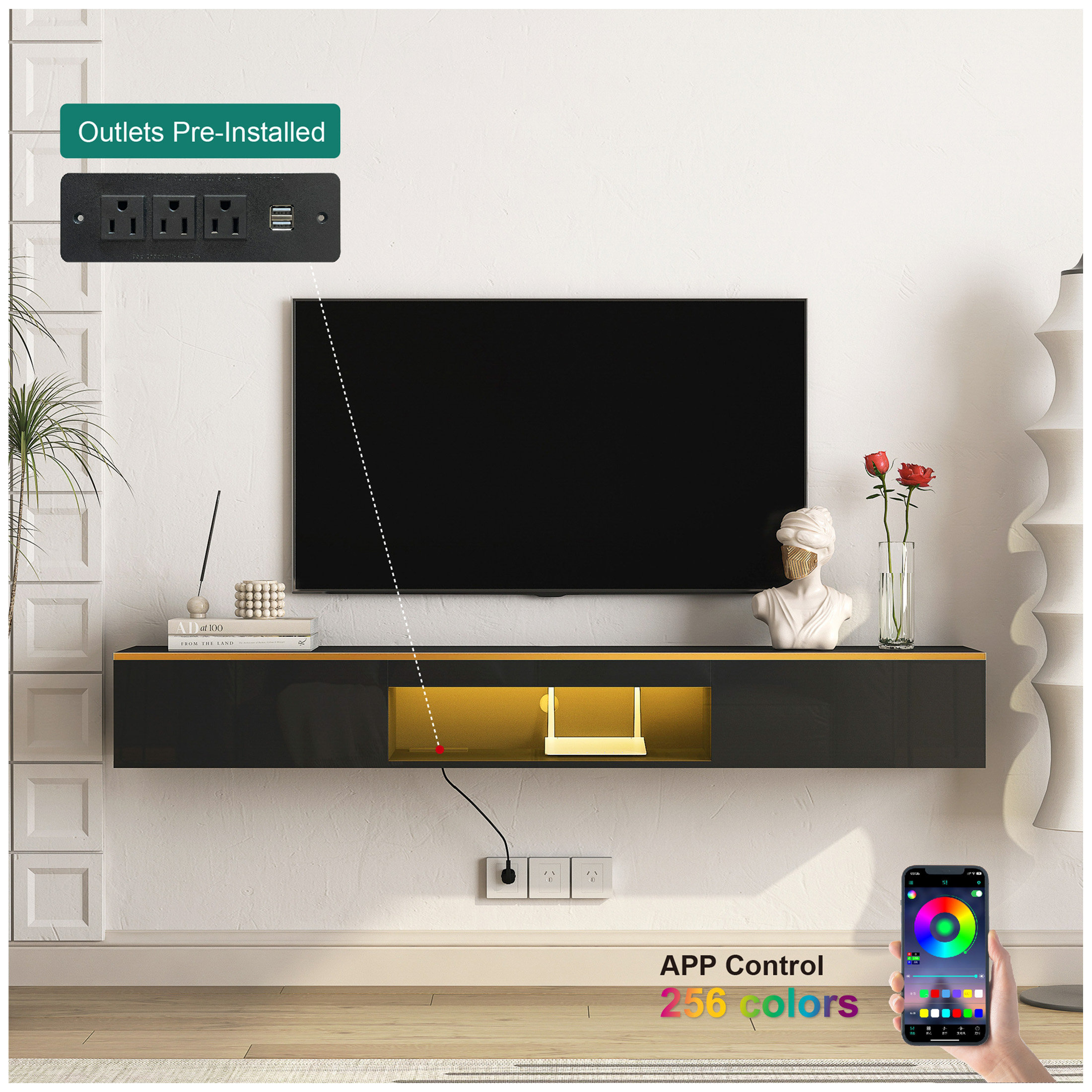 Ivy Bronx Floating TV Stand Wall Mounted with 16 Colour LEDs,69" Modern ...