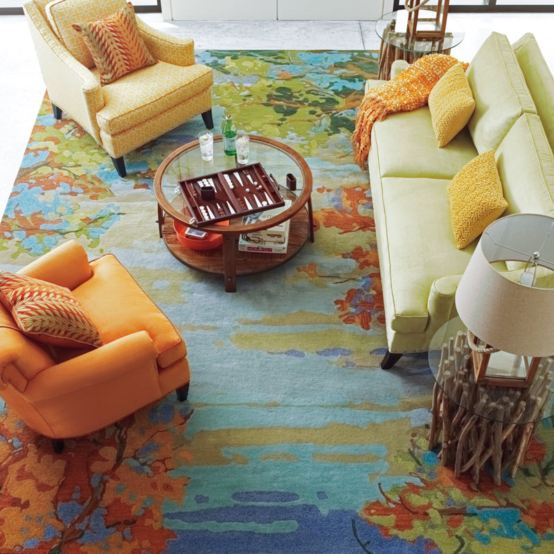 CompanyC Landscape Floral Handmade Tufted Wool Teal/Yellow/Blue Area ...