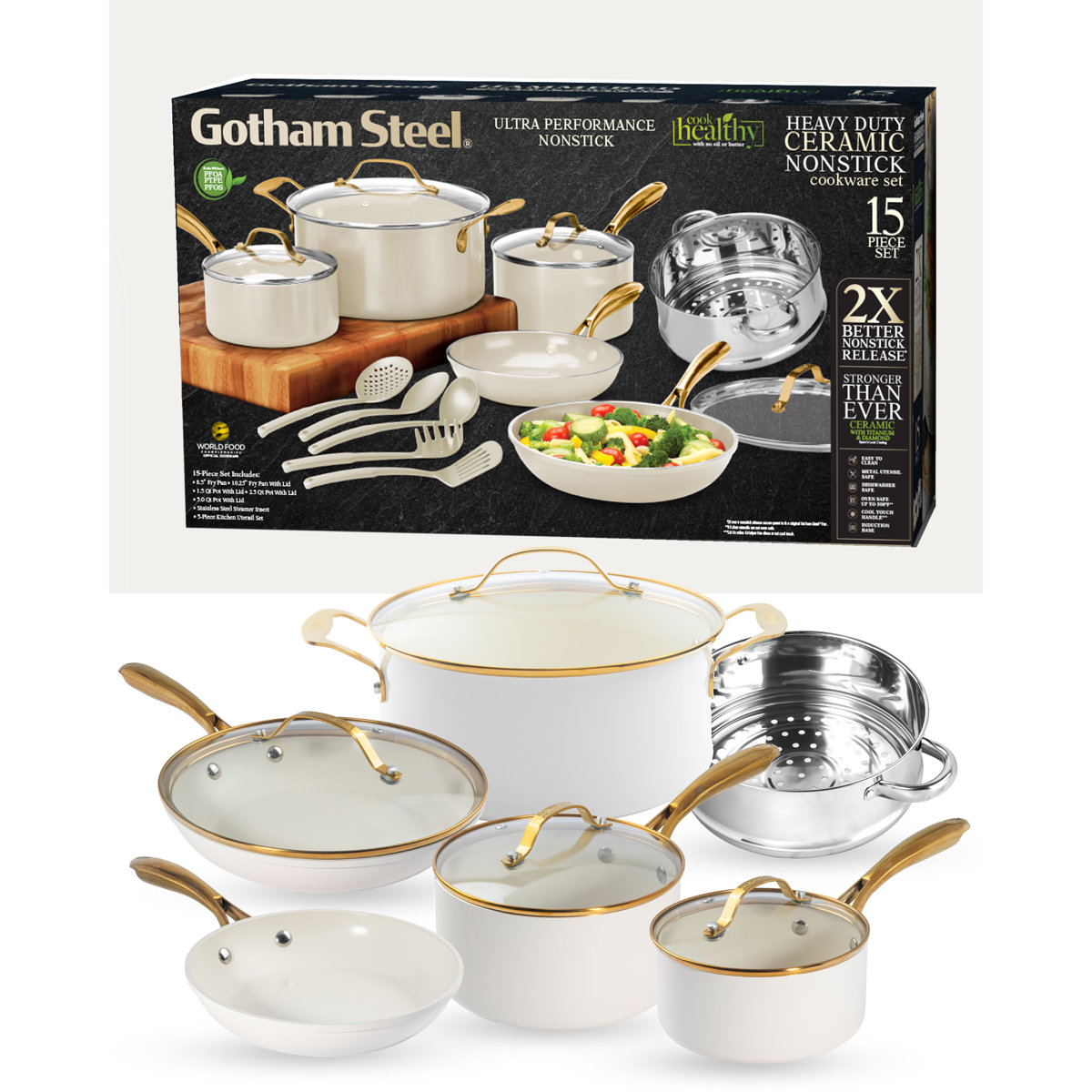 Gotham Steel Naturals Cream 15 Pc Heavy Duty Nonstick Ceramic Cookware ...