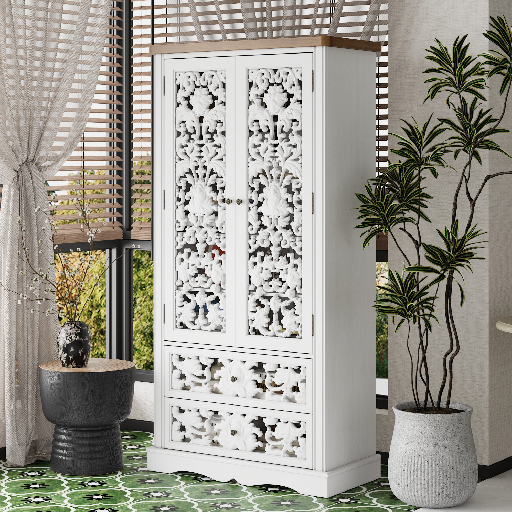 Red Barrel Studio® White MDF 33.1 In. Wide Pantry Cabinet With Carved ...