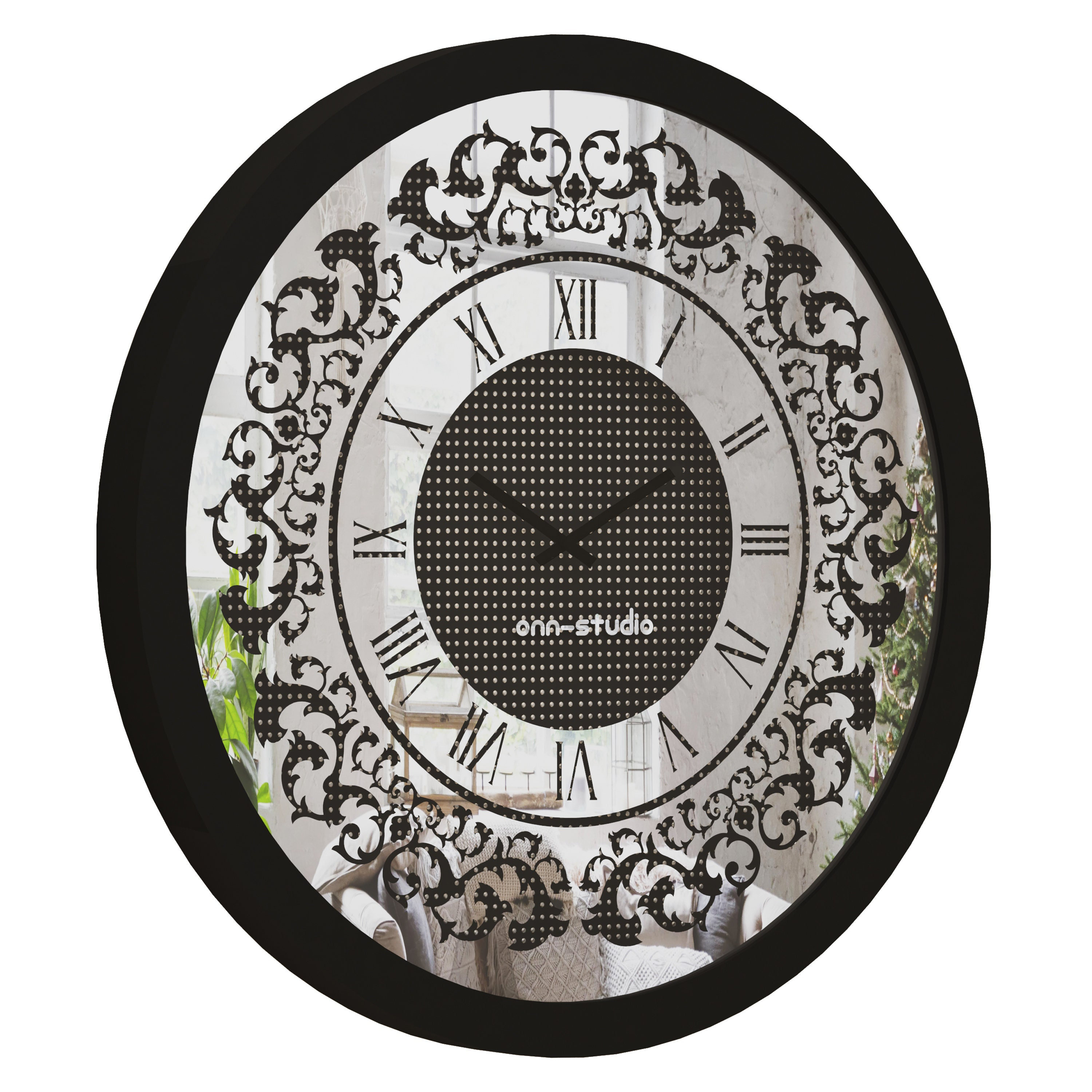 Onn Studio Wall Clock Mirrored Contemporary Black Glamour Bling Modern ...