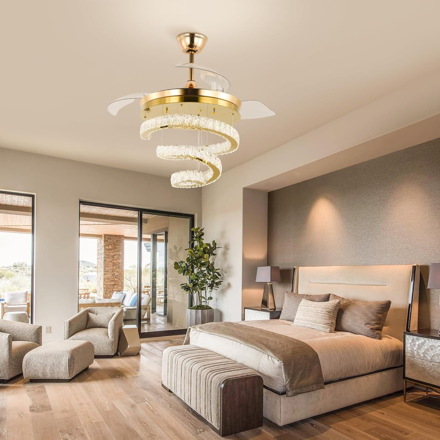 Everly Quinn Gold 42" Crystal Ceiling Fans With Lights And Remote ...