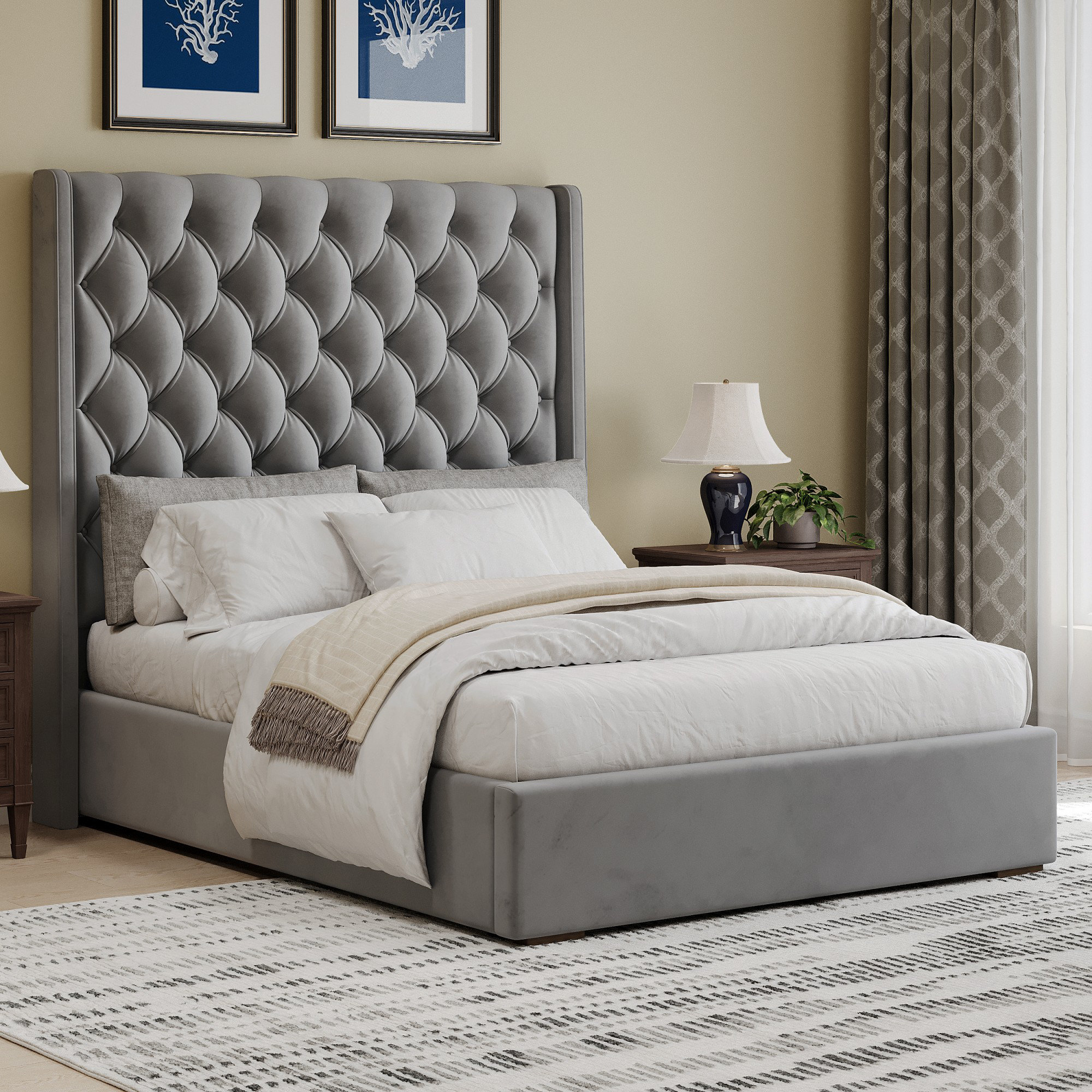 Rosdorf Park Tall Headboard Bed with Handmade Deep Button Tufted ...