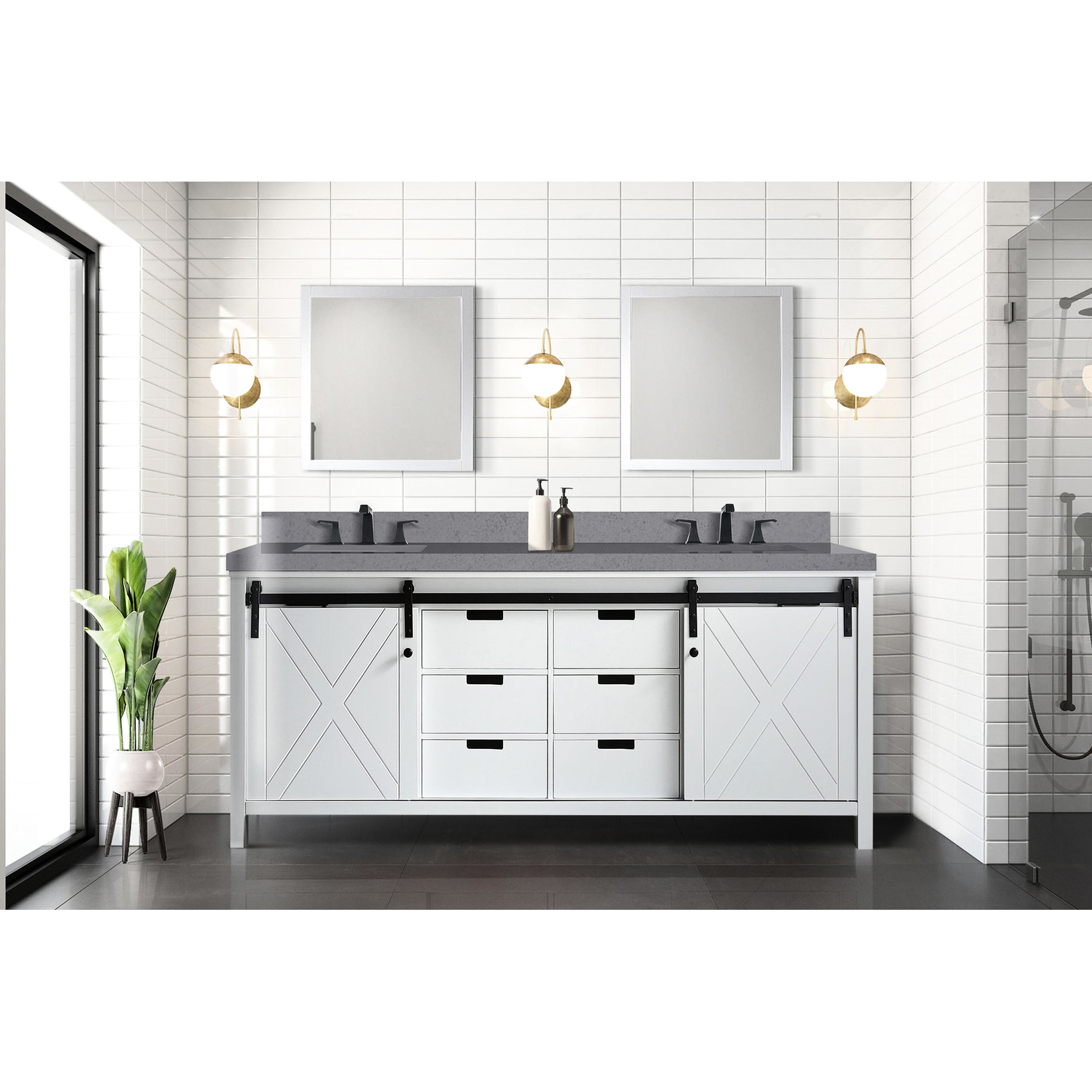 Hokku Designs White Double Bath Vanity 80.08 In. Wide, Grey Quartz Top ...