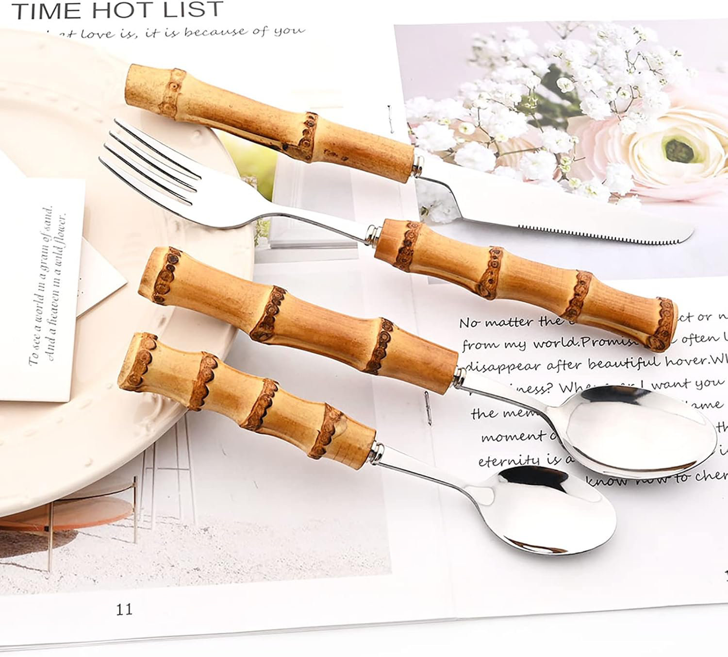 Bay Isle Home™ 24-Piece Bamboo Handle Flatware Set, Stainless Steel ...