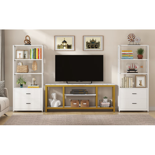 Latitude Run® Bookcase, 4-Tier White Bookshelf With 2 Drawers, Etagere ...