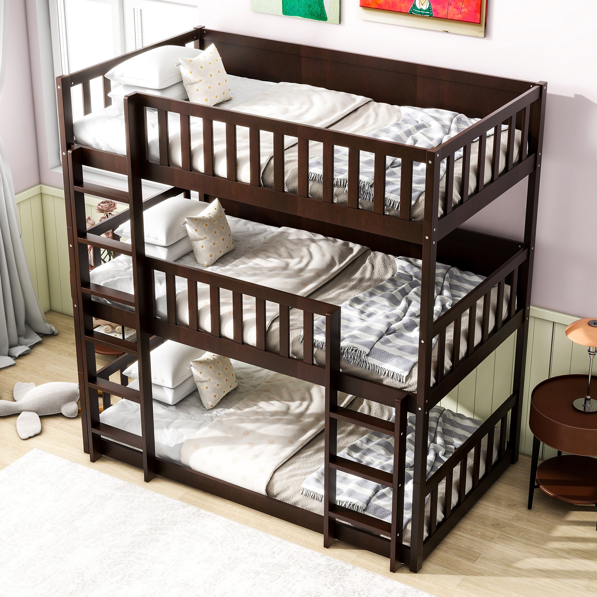 Latitude Run® Triple Bunk Bed Rubber Wood Contemporary Design Space ...