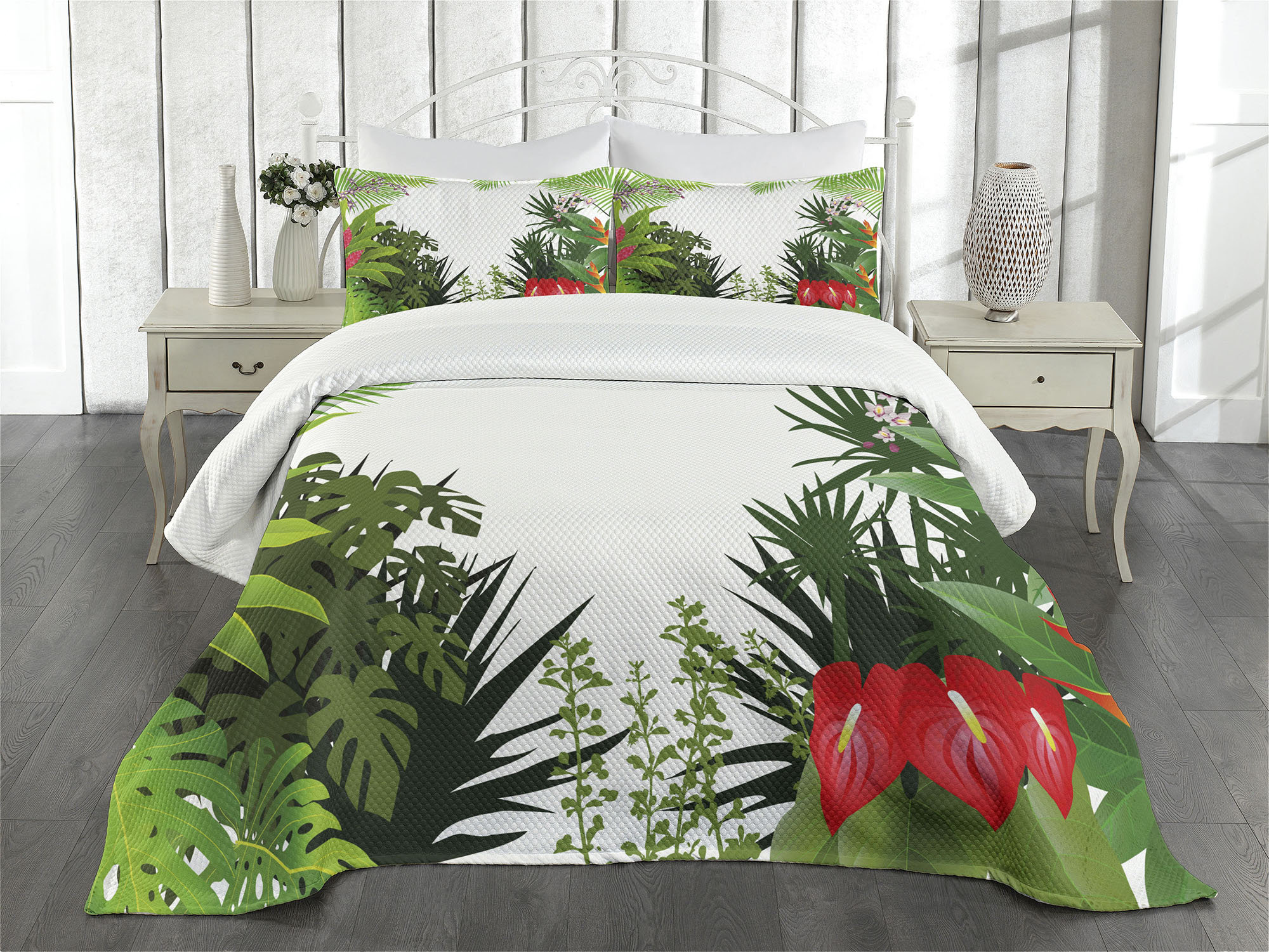 Ambesonne Leaf Bedspread Set Hibiscus Anthurium Leaves Hot Pink White ...