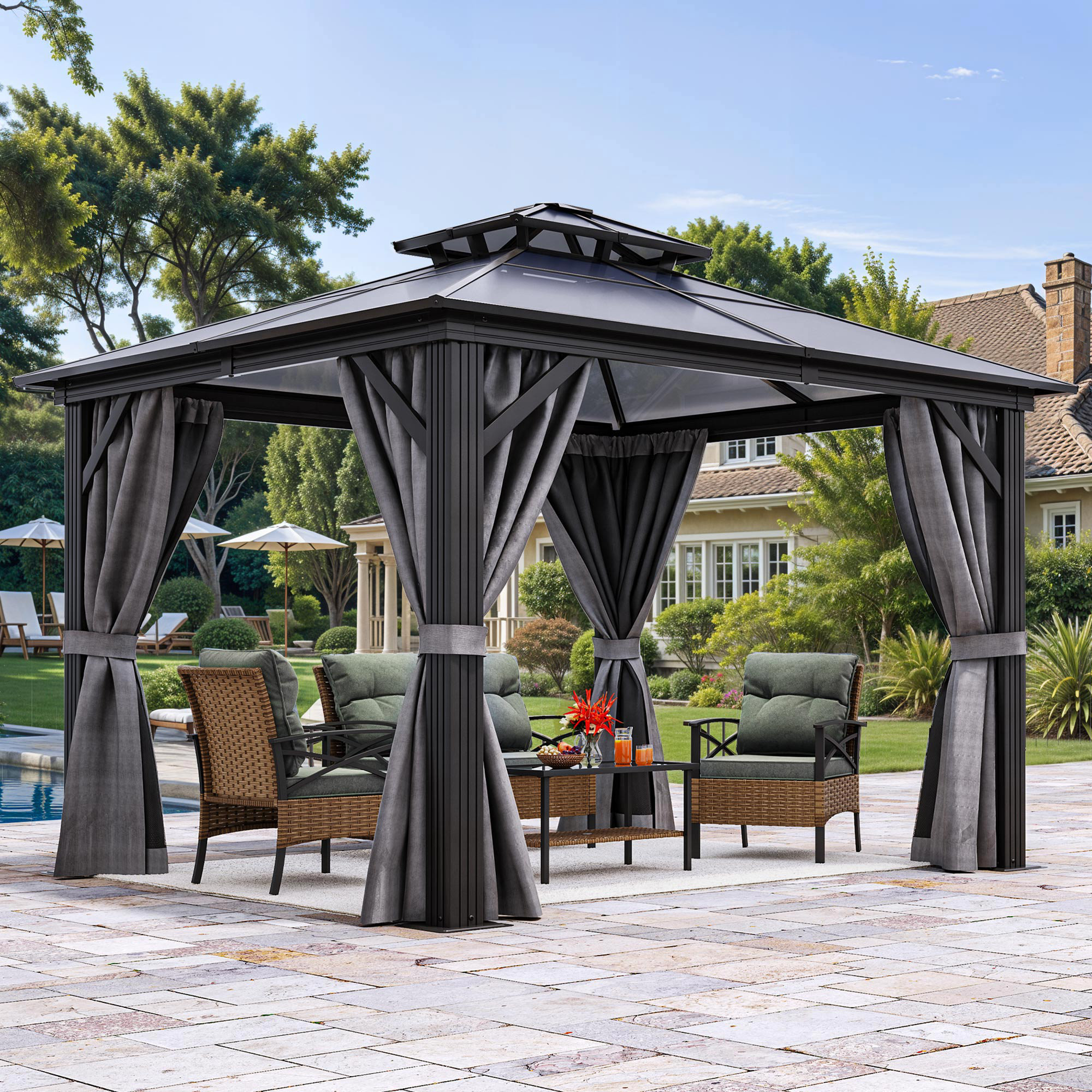 Edrosie Inc 10x10FT Hardtop Gazebo with Double Roof, Netting & Curtains ...