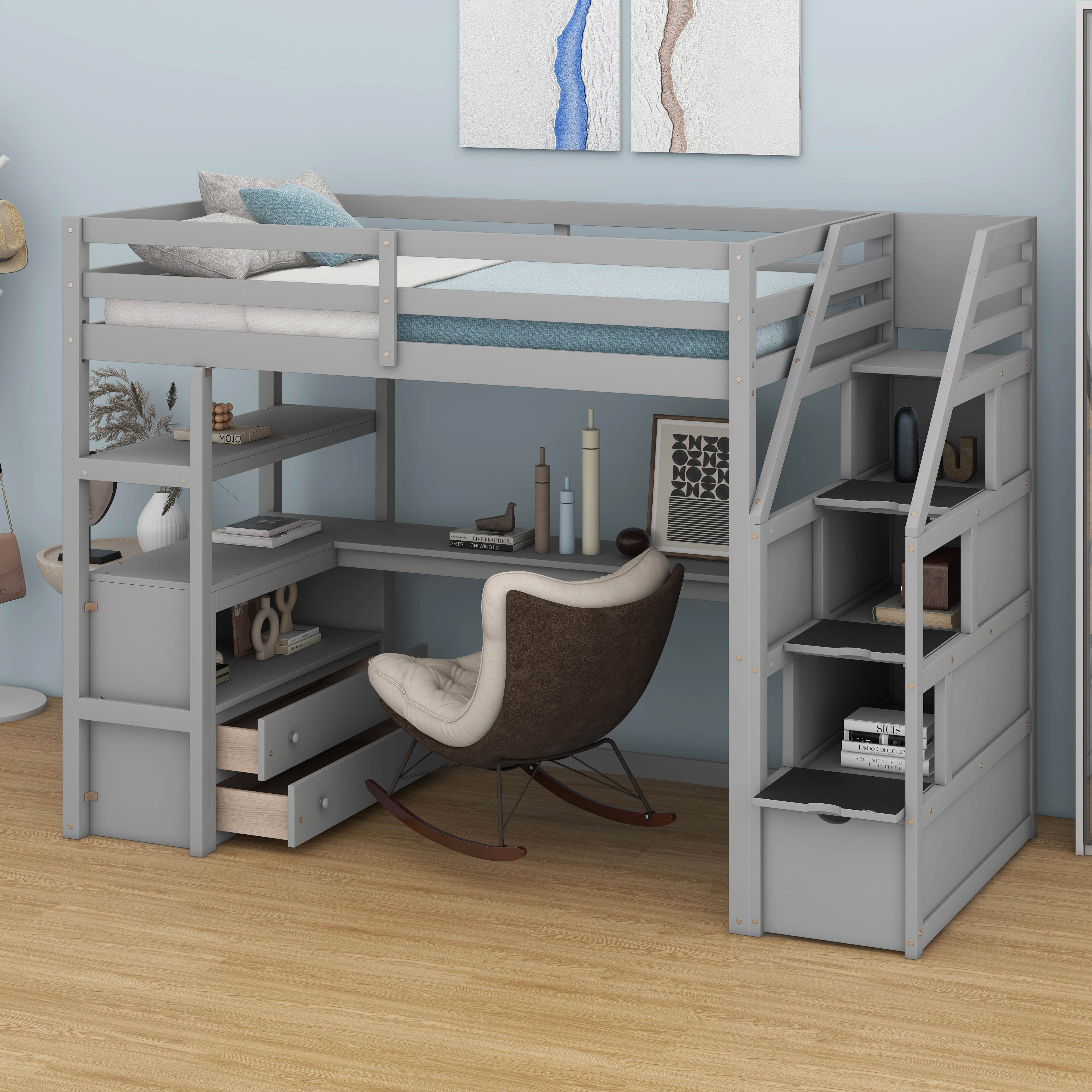 Harriet Bee Loft Bed With Storage Staircase And Desk, Wood Loft Bed ...