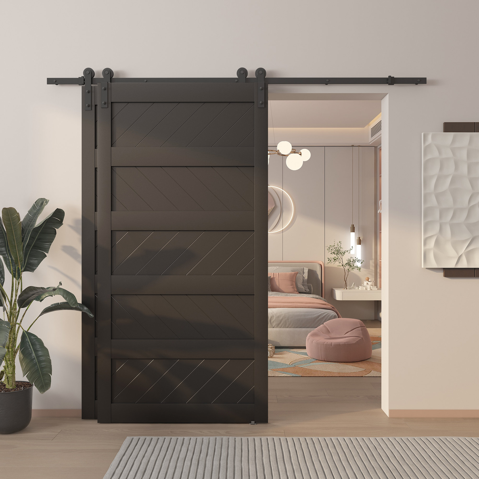 JUBEST Manufactured Wood Paneled Wave Design Bypass Barn Door Double ...