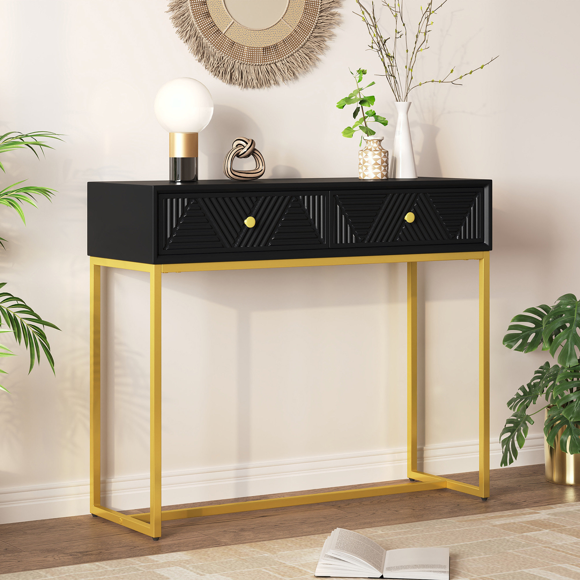 Mercer41 Console Table Two Drawers with Stripe Design for Living Room ...