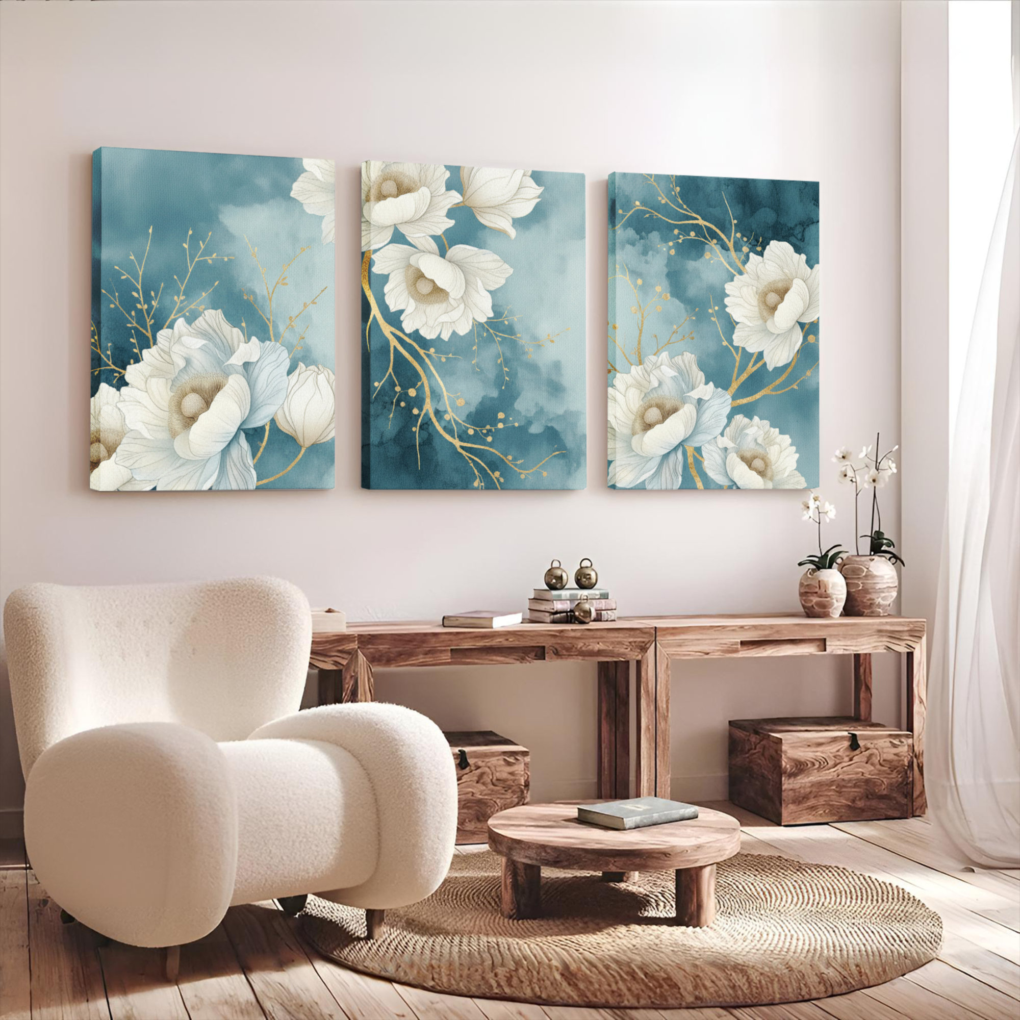 Mercer41 White Floral and Gold Vine Canvas Wrapped Wall Art Oil ...