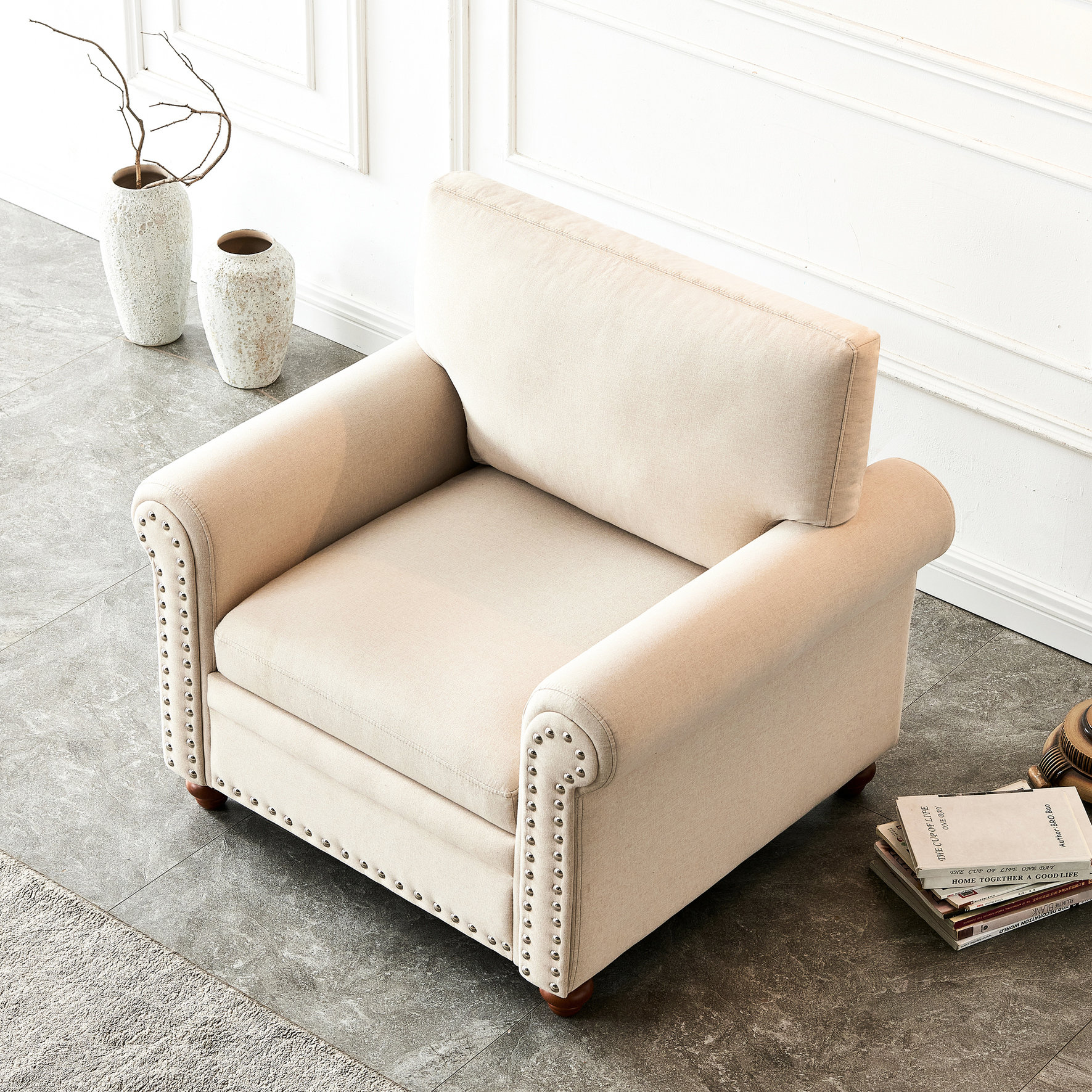 fengshu Living Room Single Seat Chair With Beige Fabric And Solid Wood ...