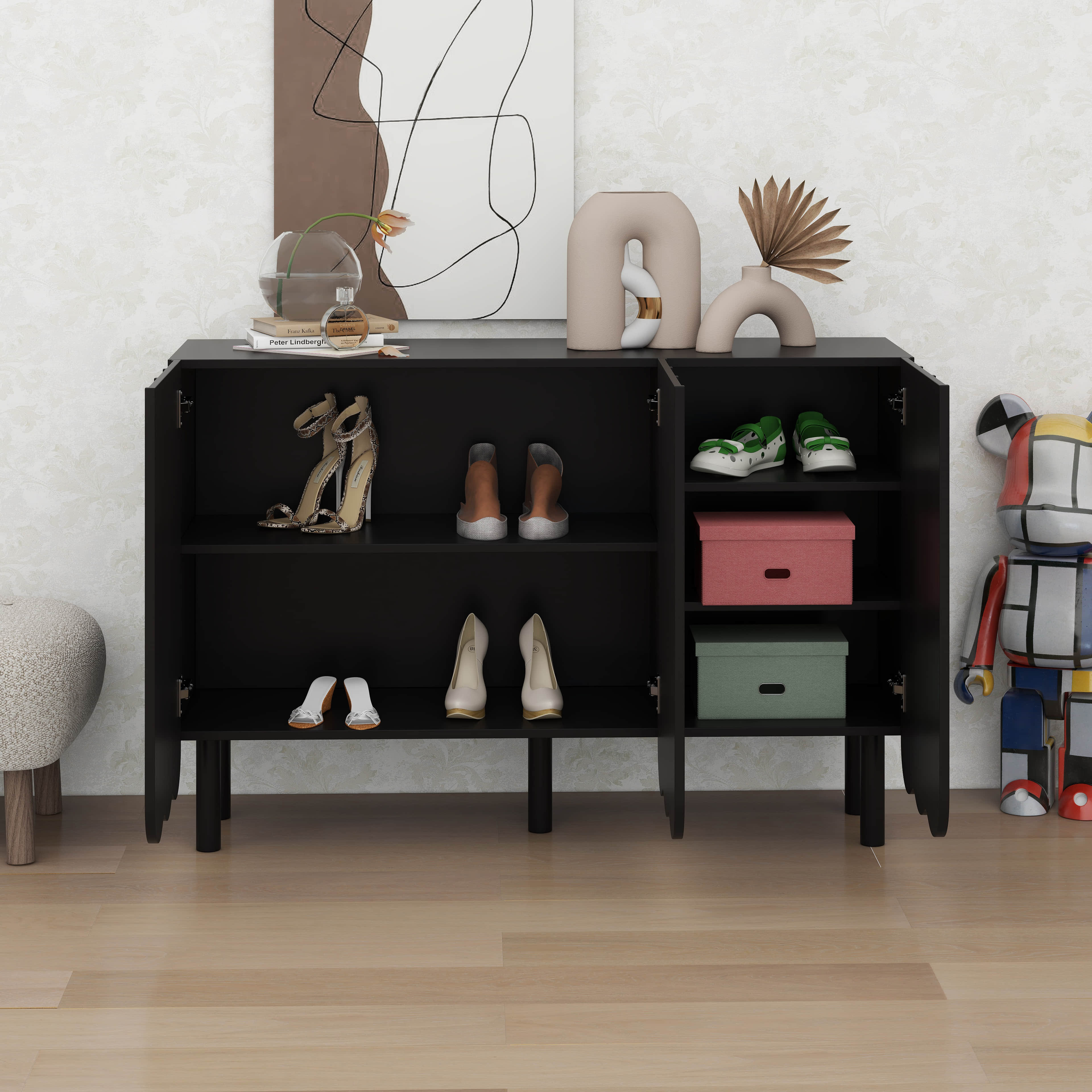 Corrigan Studio® Modern Minimalist 5-Leg Solid Wood Shoe Cabinet With Adjustable Shelves & Wave ...