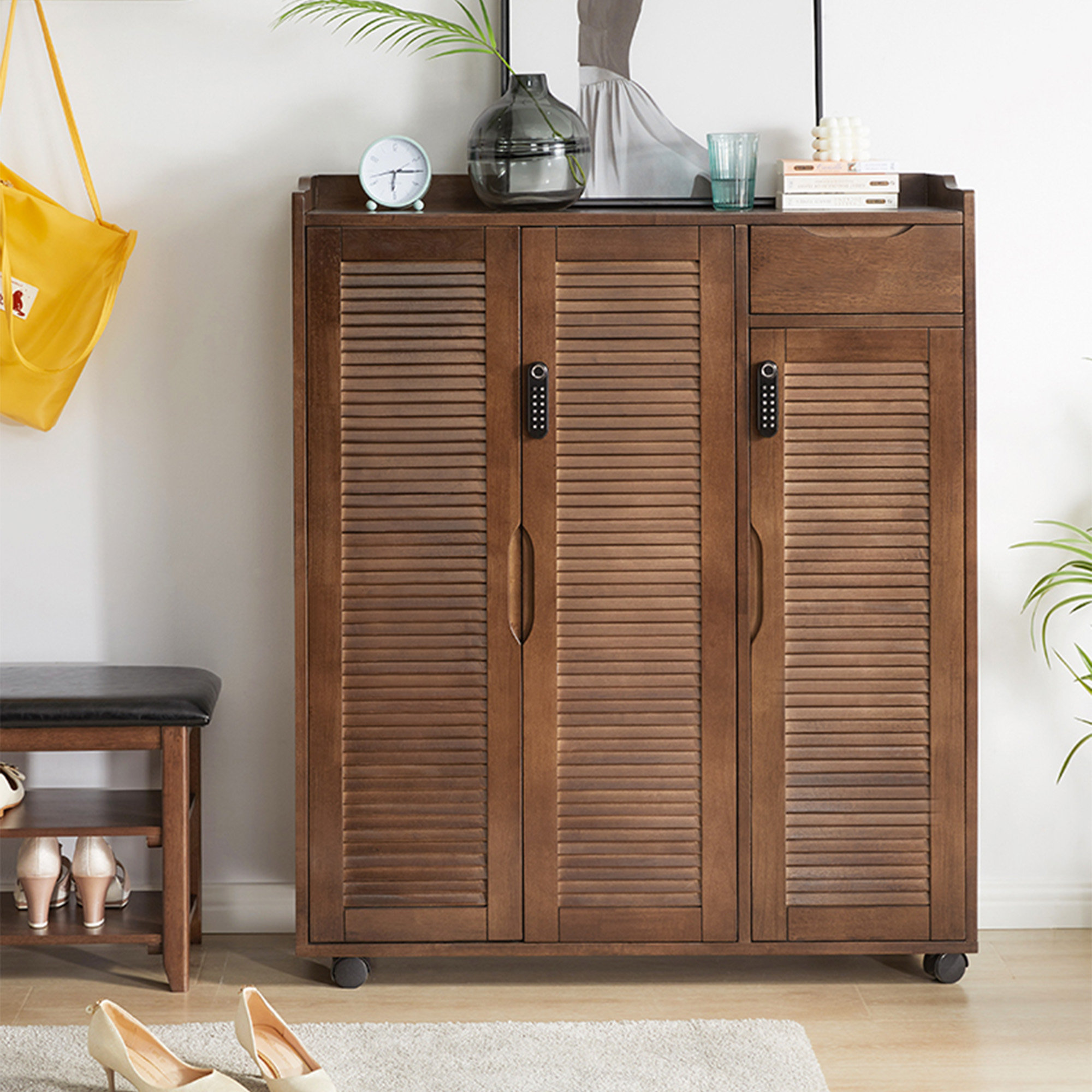 DICIXA Solid Wood Shoe Cabinet With Lock And Wheels 22 Pair Solid Wood ...