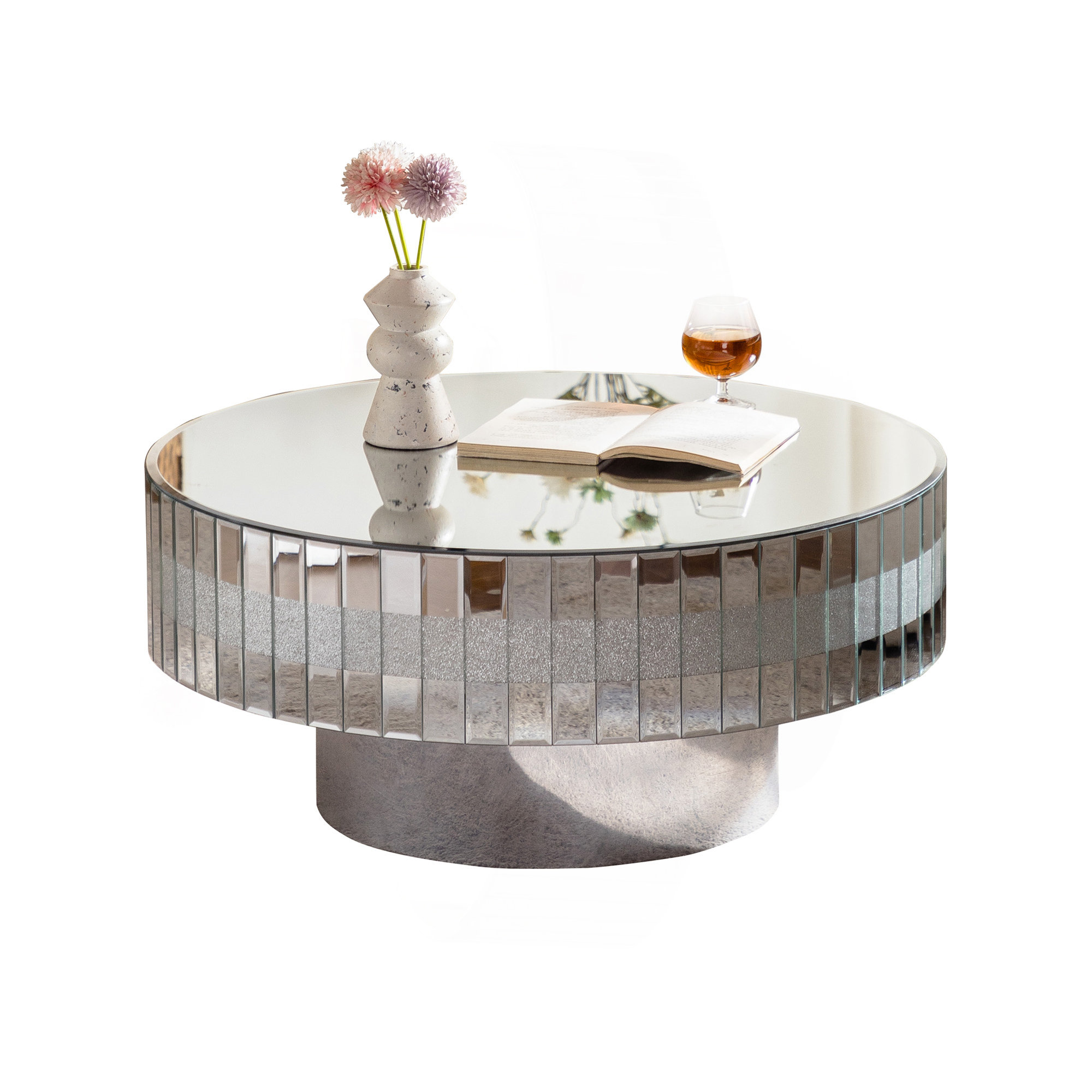 Mercer41 Round Mirrored Coffee Table 30.91 Inches Large Decorative ...