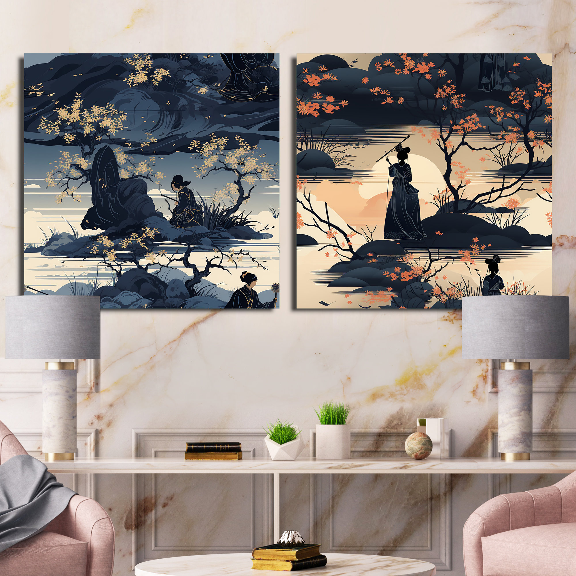 Design Art Japan Blue Samurai Silhouettes - Abstract Landscapes Square ...