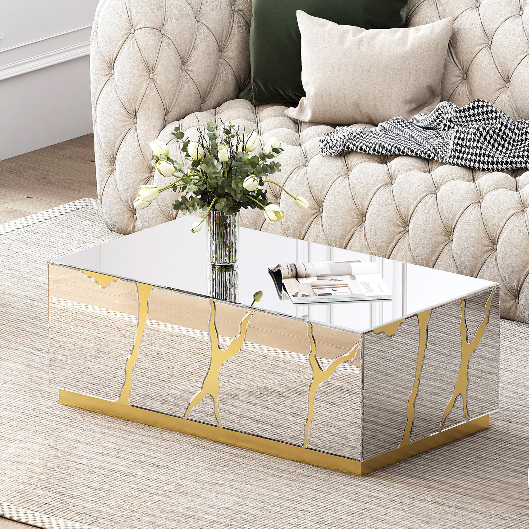 Mercer41 Dalee 39''W Mirrored Block Glass Rectangle Coffee Table With ...
