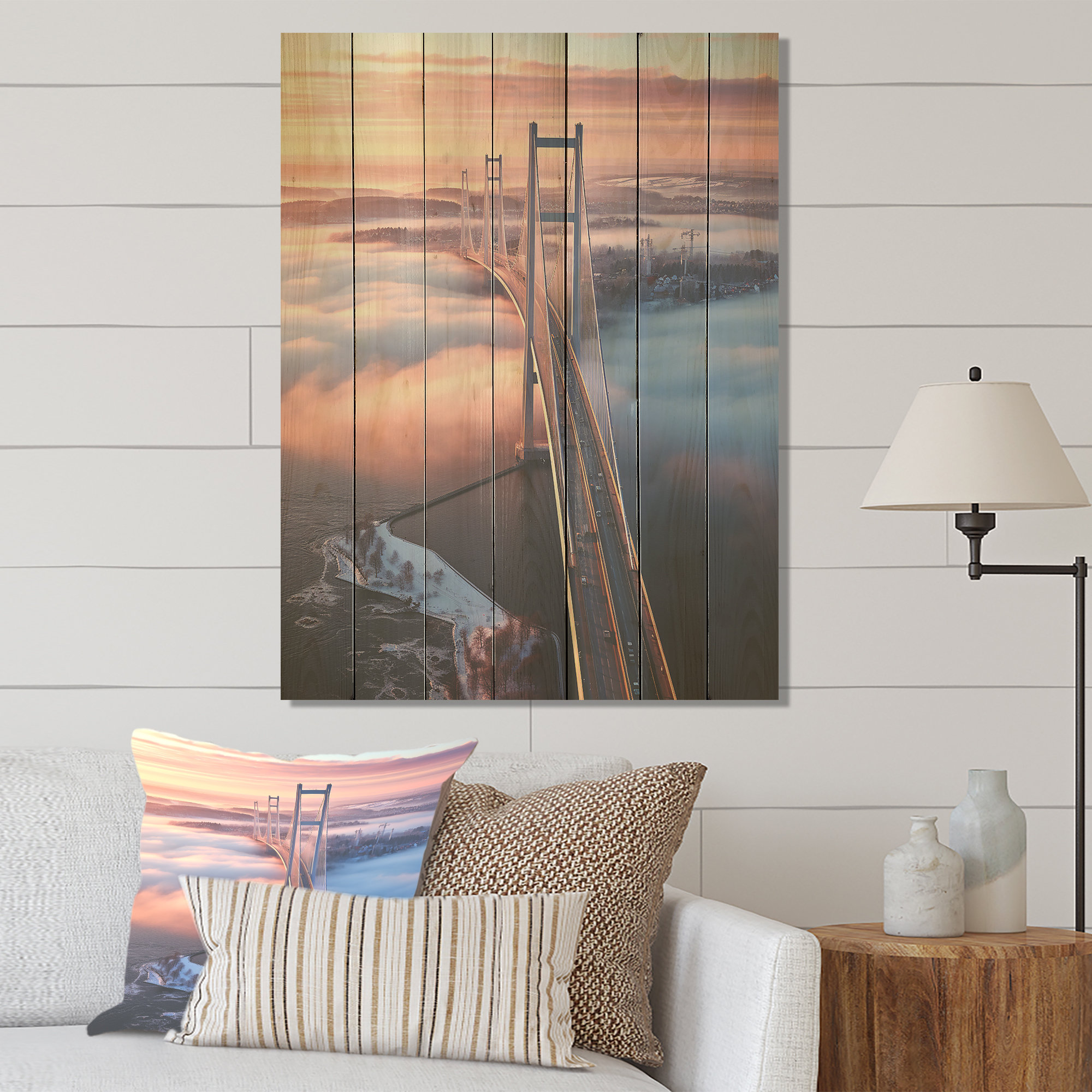 Ebern Designs Blue And Pink Bridge Sunset Views I - Bridges On Wood ...