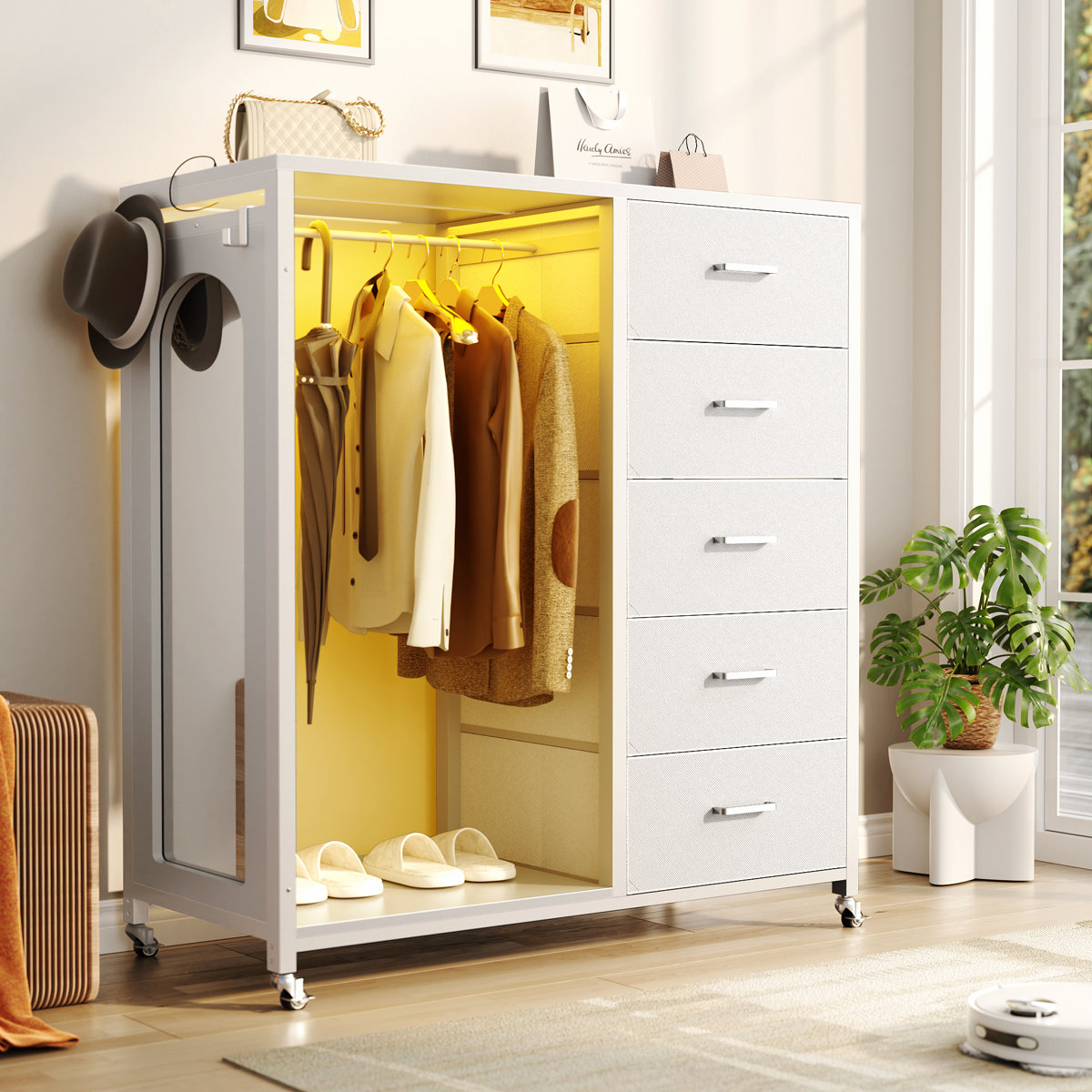 Ebern Designs Gourley 5 Drawer LED Dresser with Mirror and Charging ...
