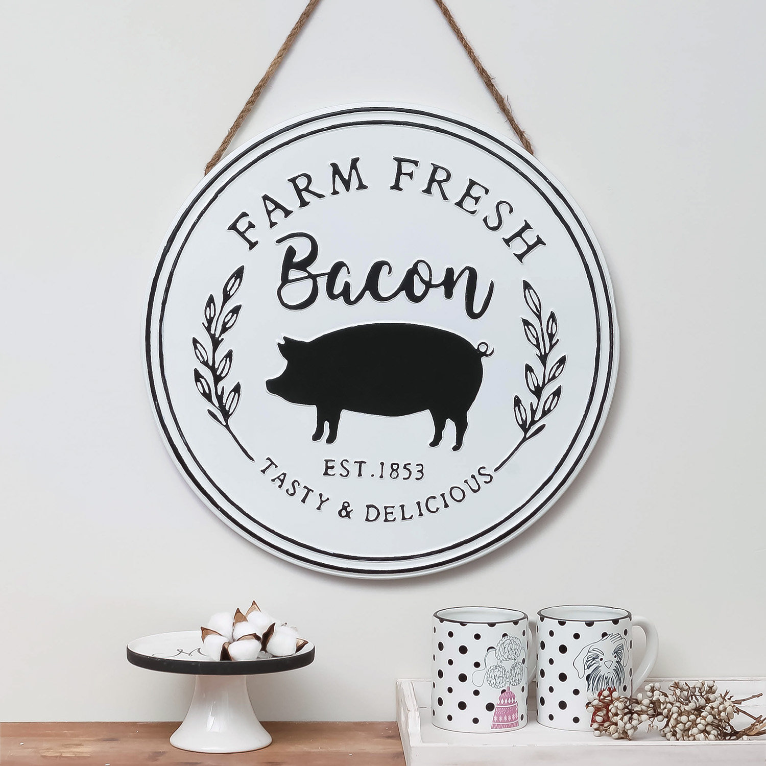 Gracie Oaks Distressed Embossed Farm Fresh Bacon Sign Metal Wall Decor ...