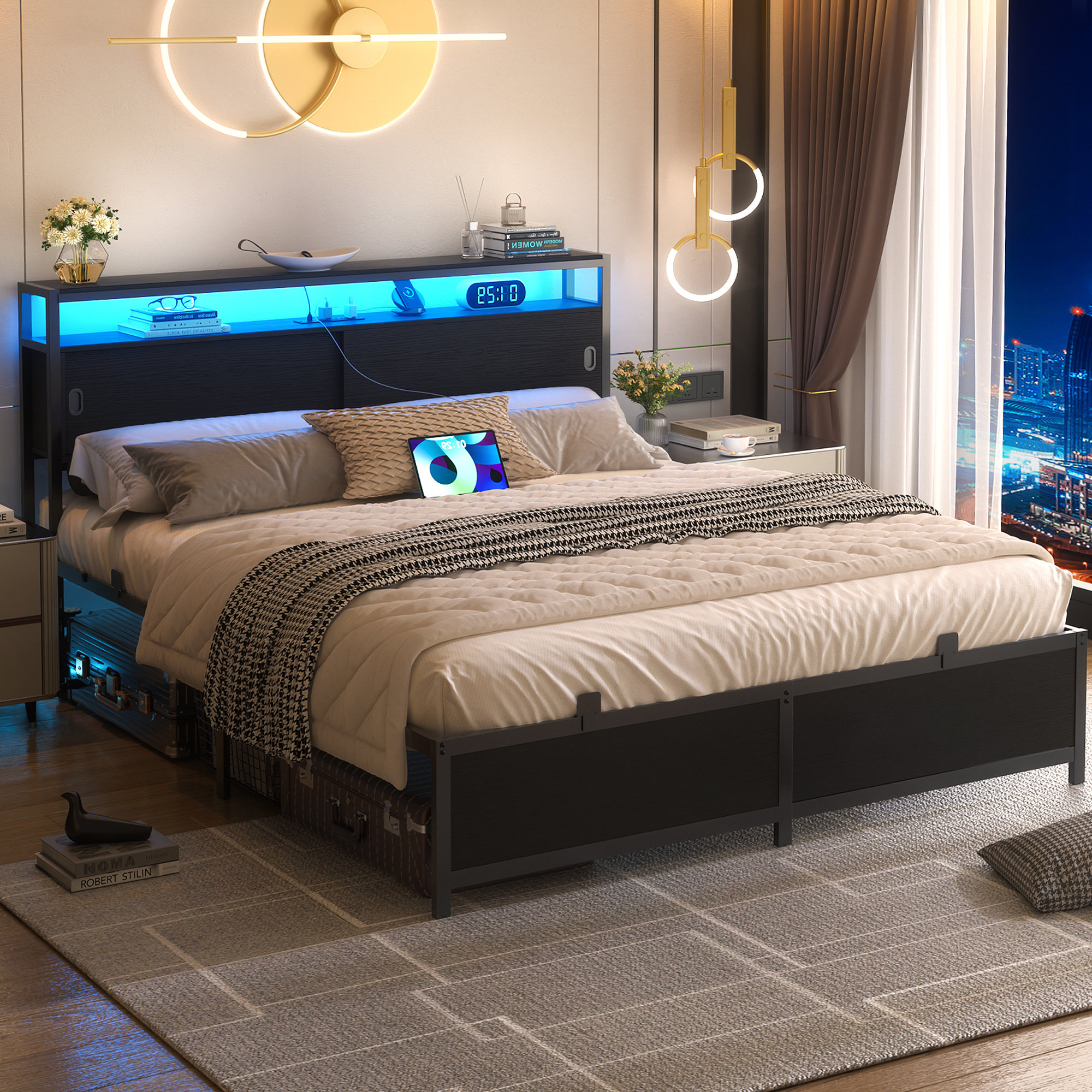 17 Stories Storage Bed with Sliding Doors, LED Lights & USB Charging ...