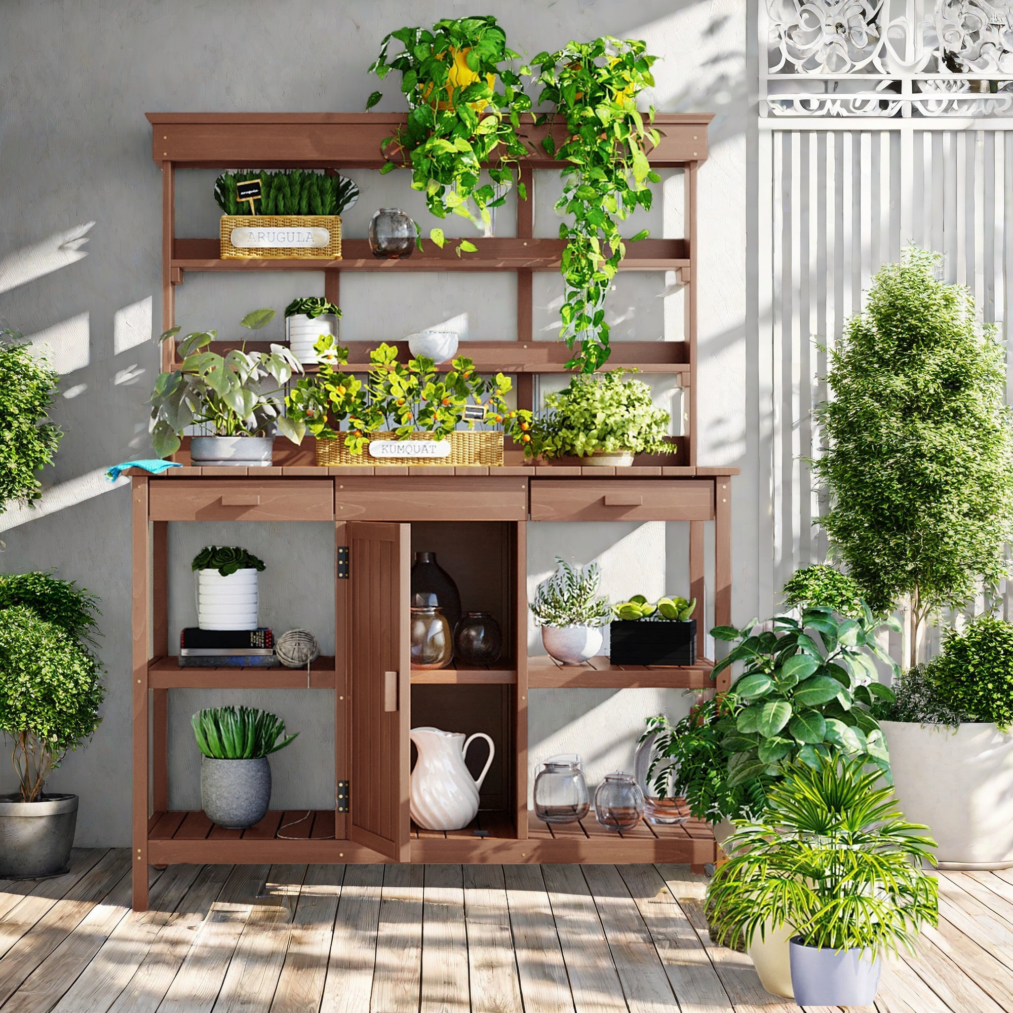 Red Barrel Studio Large Outdoor Farmhouse Wooden Potting Bench Table ...