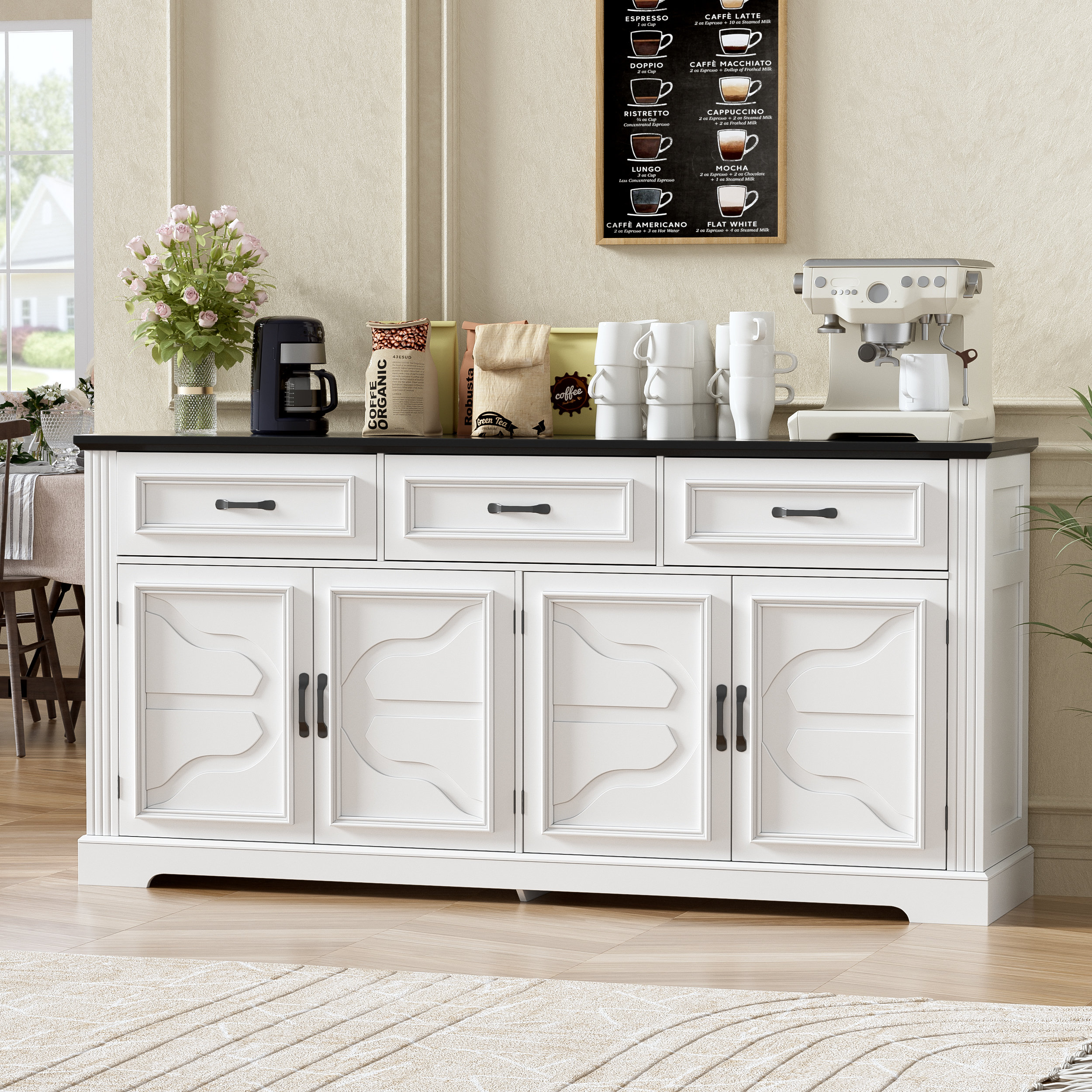August Grove® 66" Large Buffet Sideboard Cabinet With 4 Doors & 3 ...