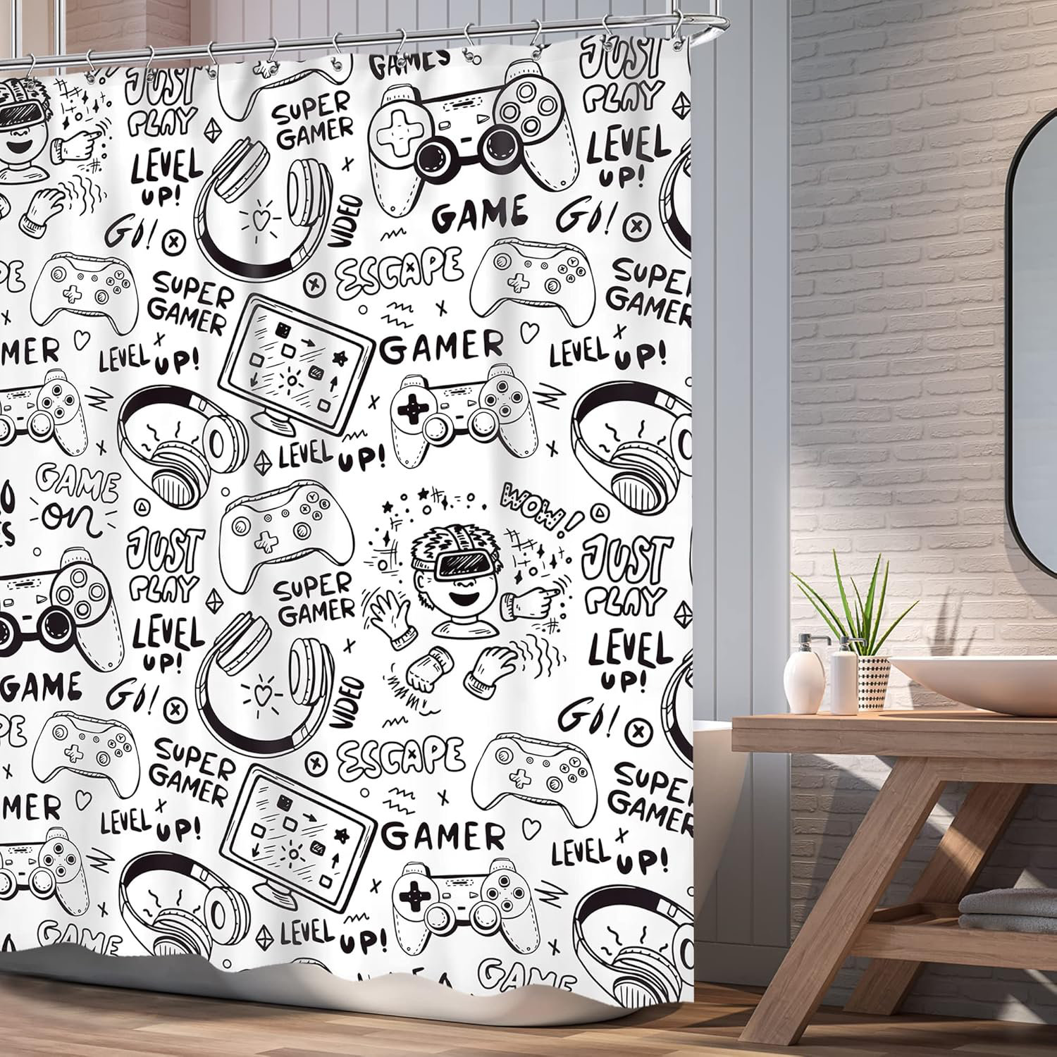 One Allium Way Kids Gaming Shower Curtain For 60Wx72l Inch Gamer Black ...