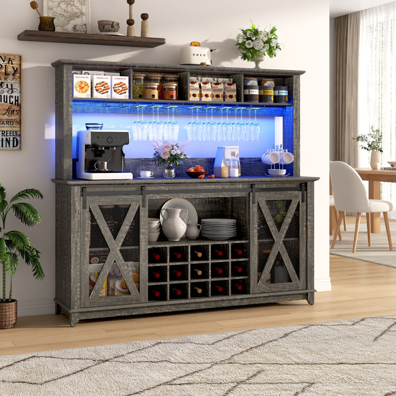 August Grove® 63"W Farmhouse Coffee Bar Cabinet With Wine Rack And ...
