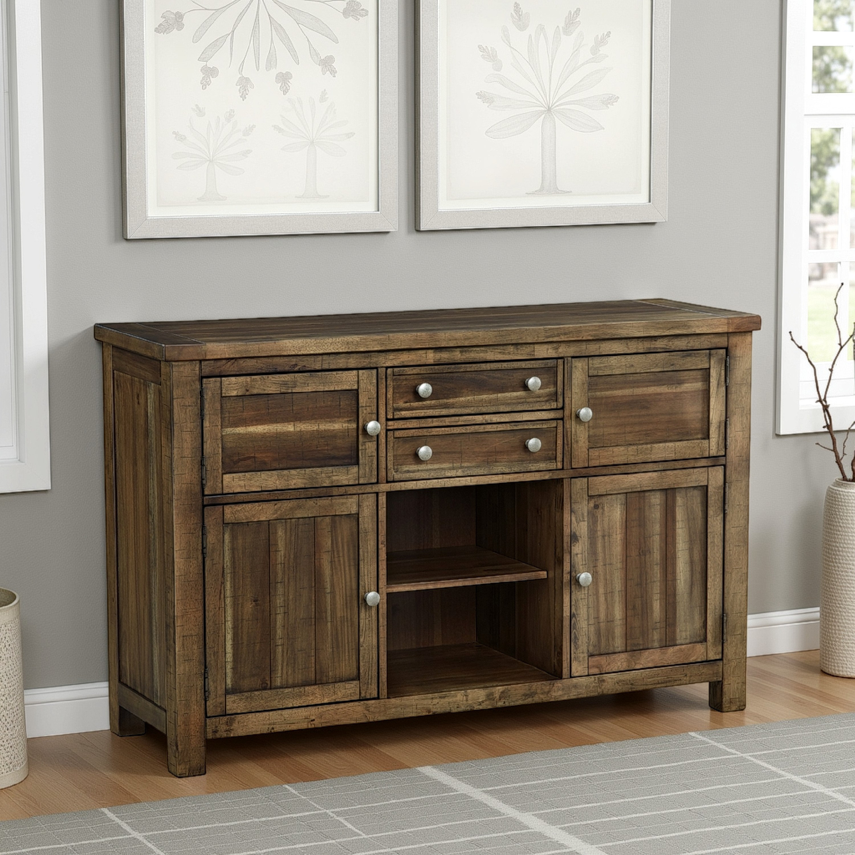 Benjara Chip Dining Room Server, 2 Drawers And 4 Cabinet, Nutmeg Wood ...