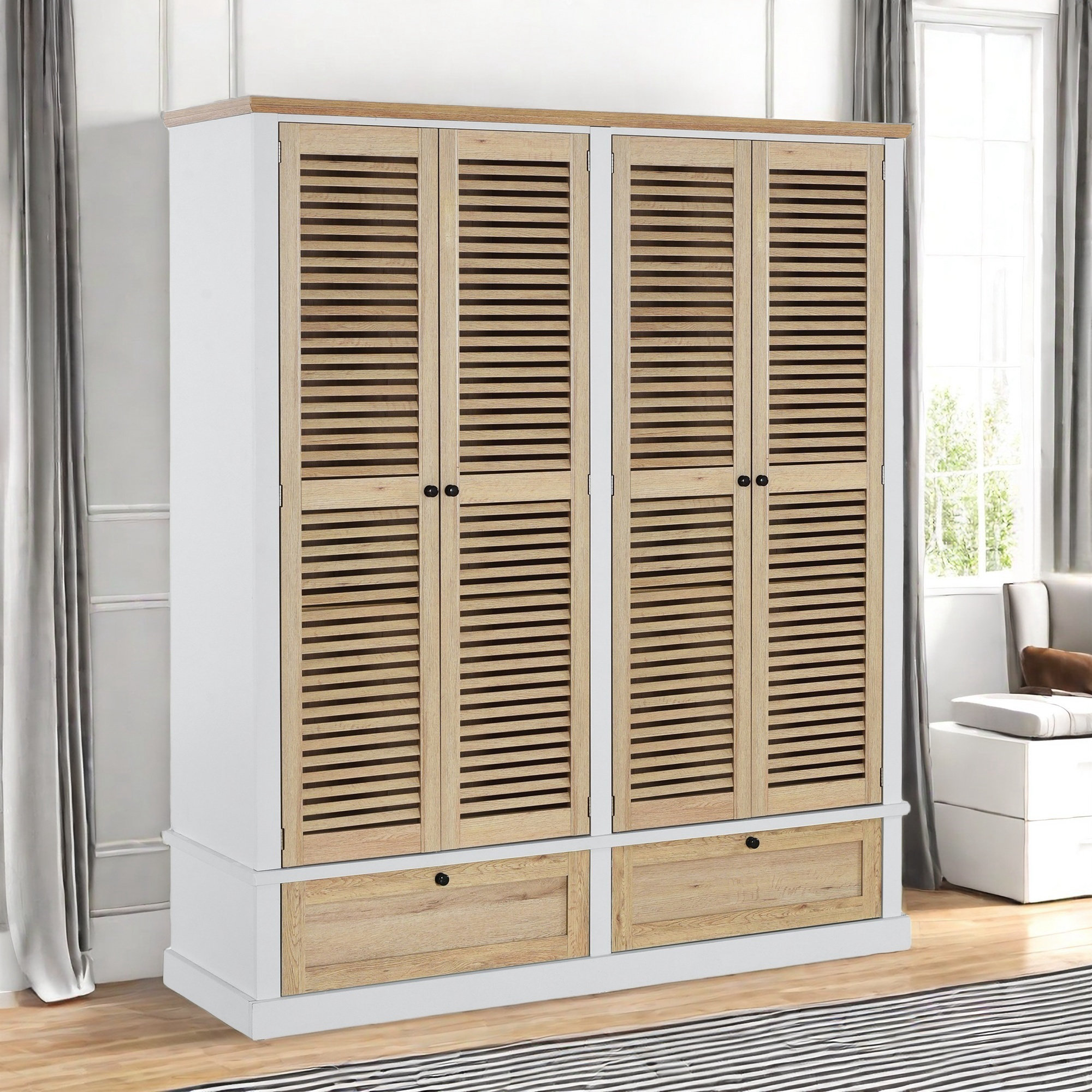 Latitude Run® 4 Shutter Doors Wardrobe With 2 Drawers, Storage Shelves ...