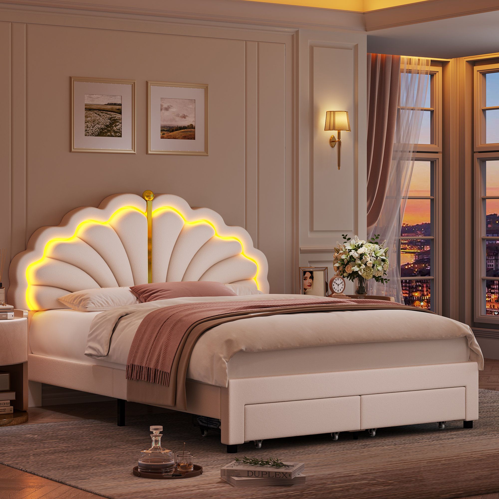 House of Hampton® ON SALE Luxury Upholstered LED Storage Bed, Shell ...