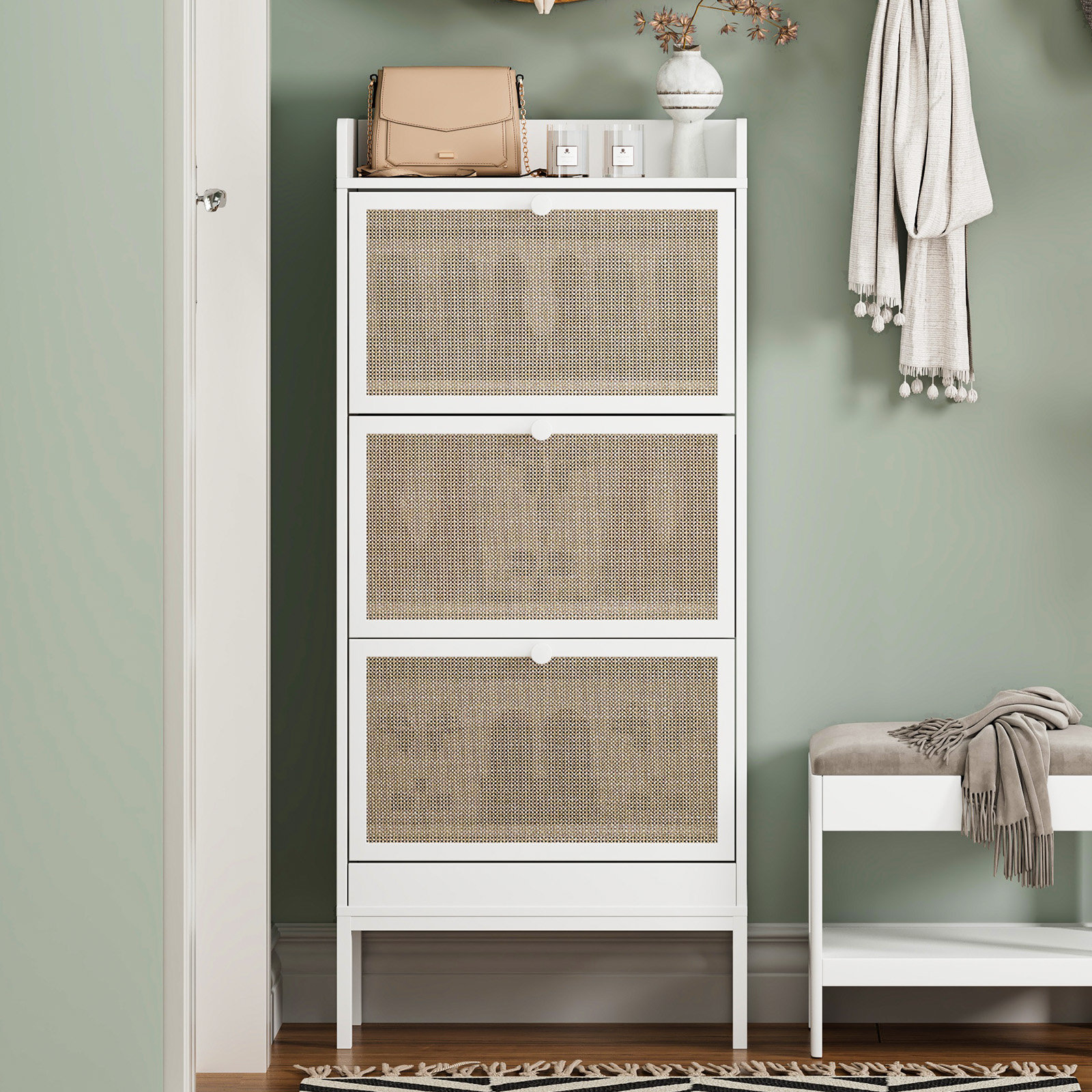 Bay Isle Home™ Natural Rattan Shoe Rack With 3 Flip Drawers For Hallway ...