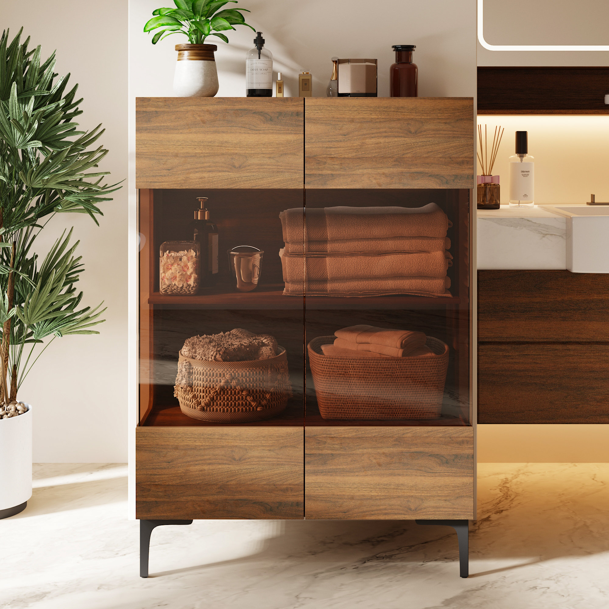Latitude Run® Elegant Walnut Bathroom Cabinet With Tempered Glass Doors ...