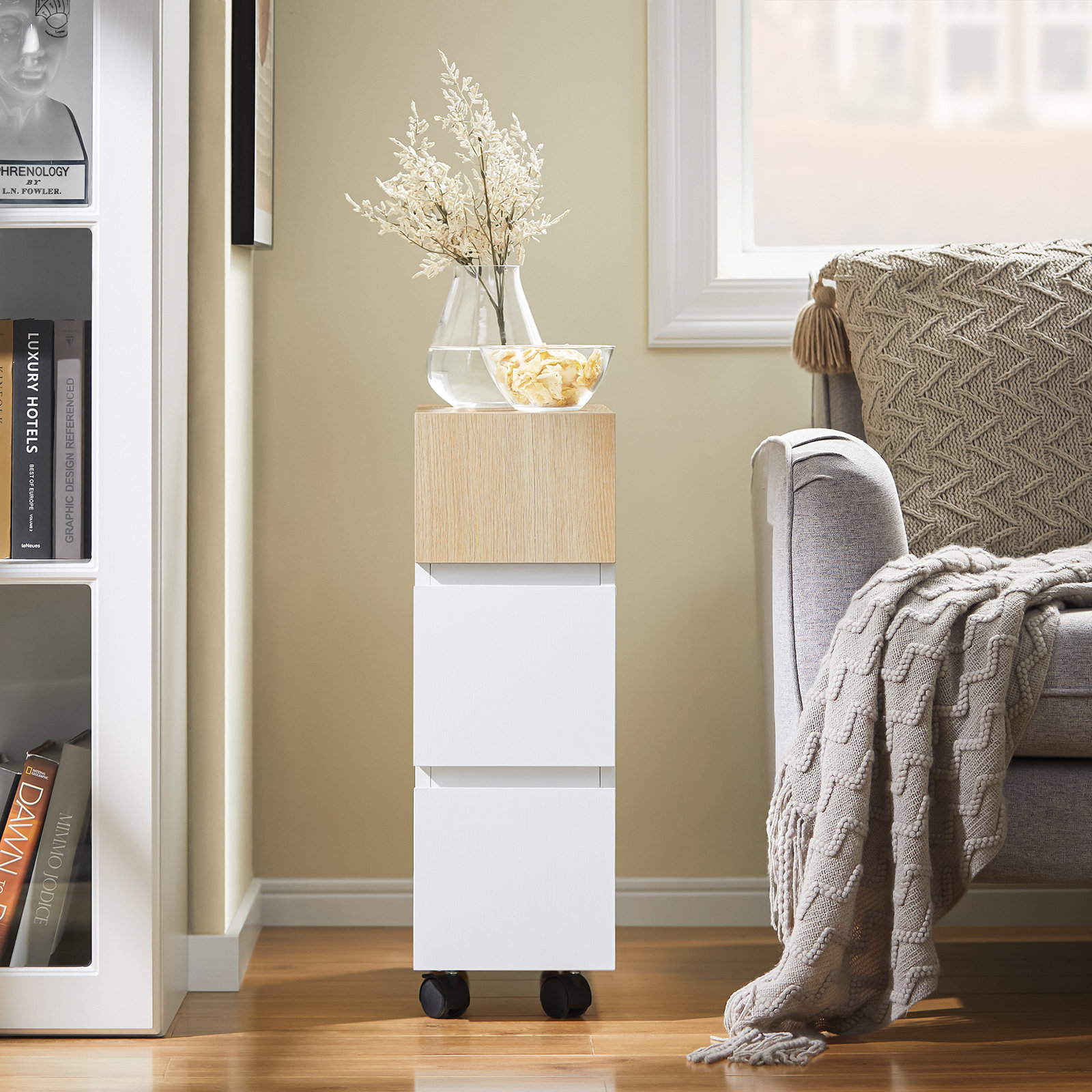 Latitude Run Slim Rolling Side Table With 2 Drawers - Bedside Table ...