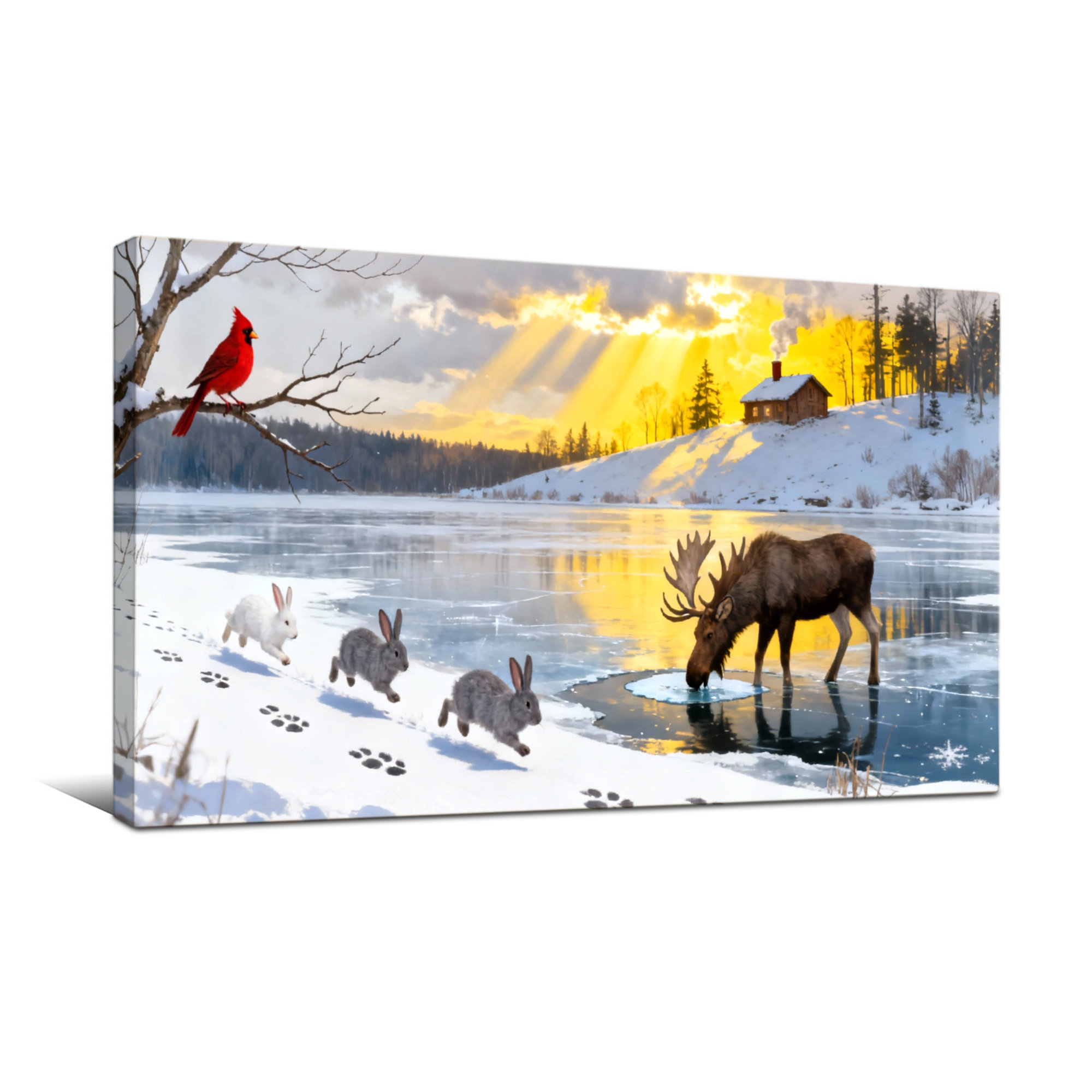 Canora Grey Christmas Winter Landscape With Moose And Rabbits | Wayfair
