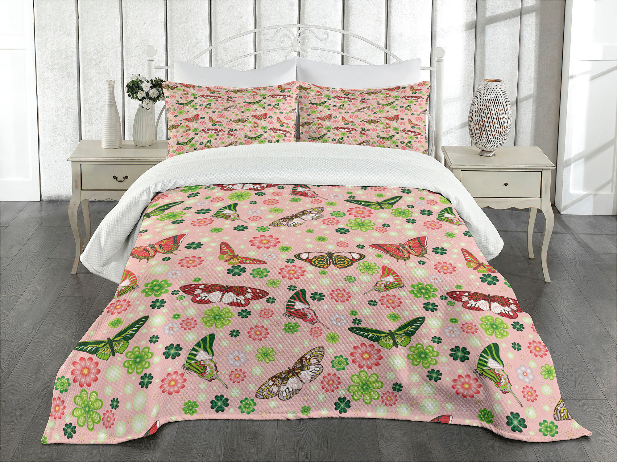 Ambesonne Nature Bedspread Set Butterflies Shamrocks Lime Green Pale ...